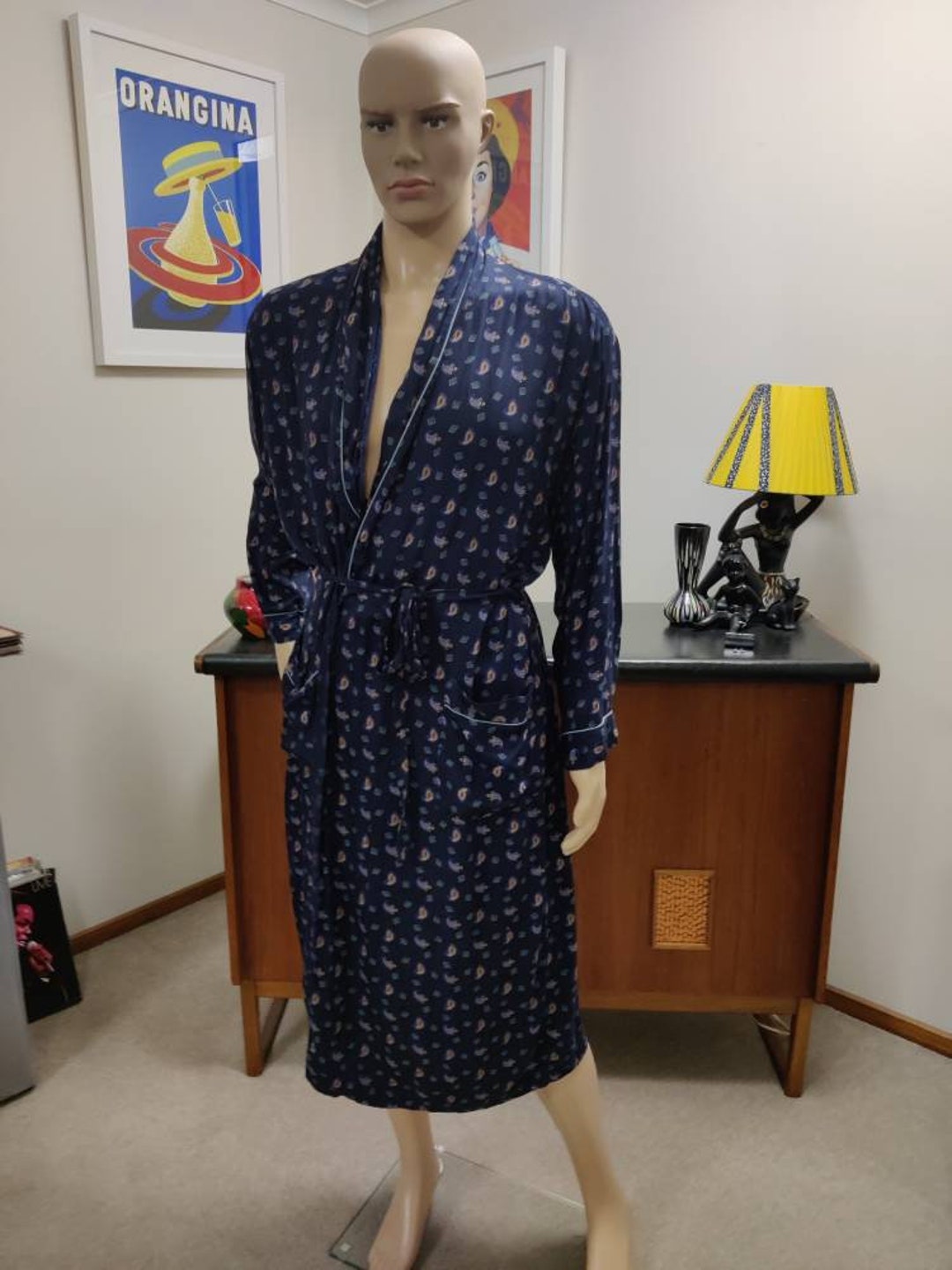 Navy Print 1970s Pelaco Label Smoking Jacket Wrap Robe Gown Cotton Tie ...