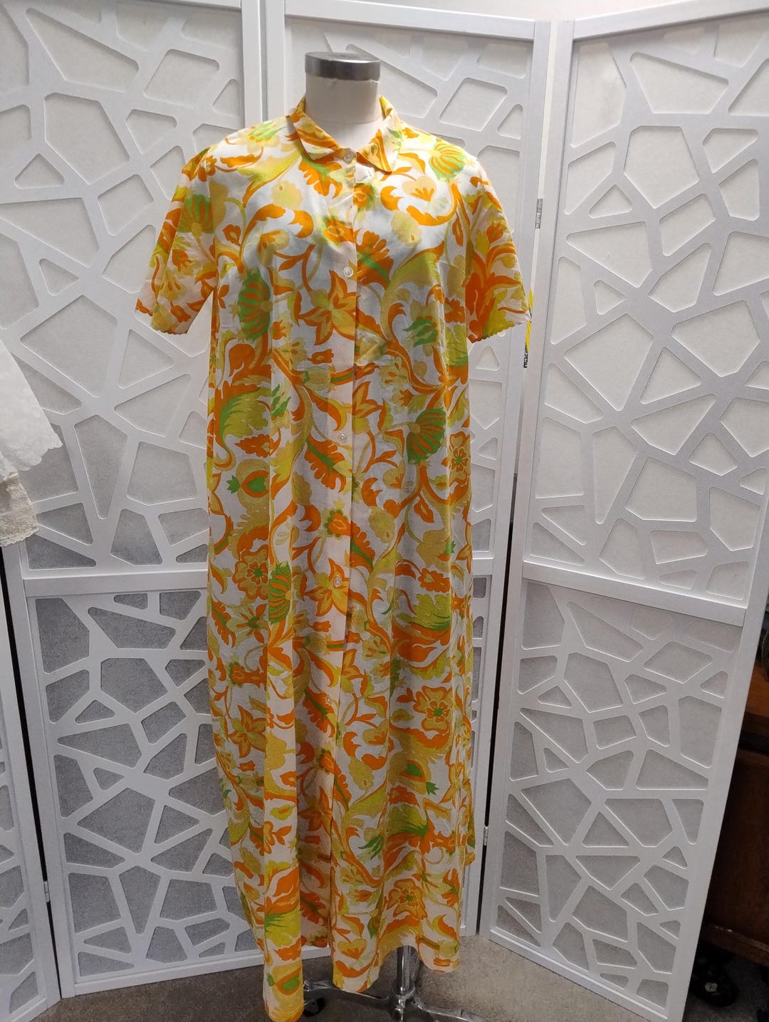 1970s Fine Cotton Brunch Coat Dressing Gown Robe Retro Orange Yellow ...
