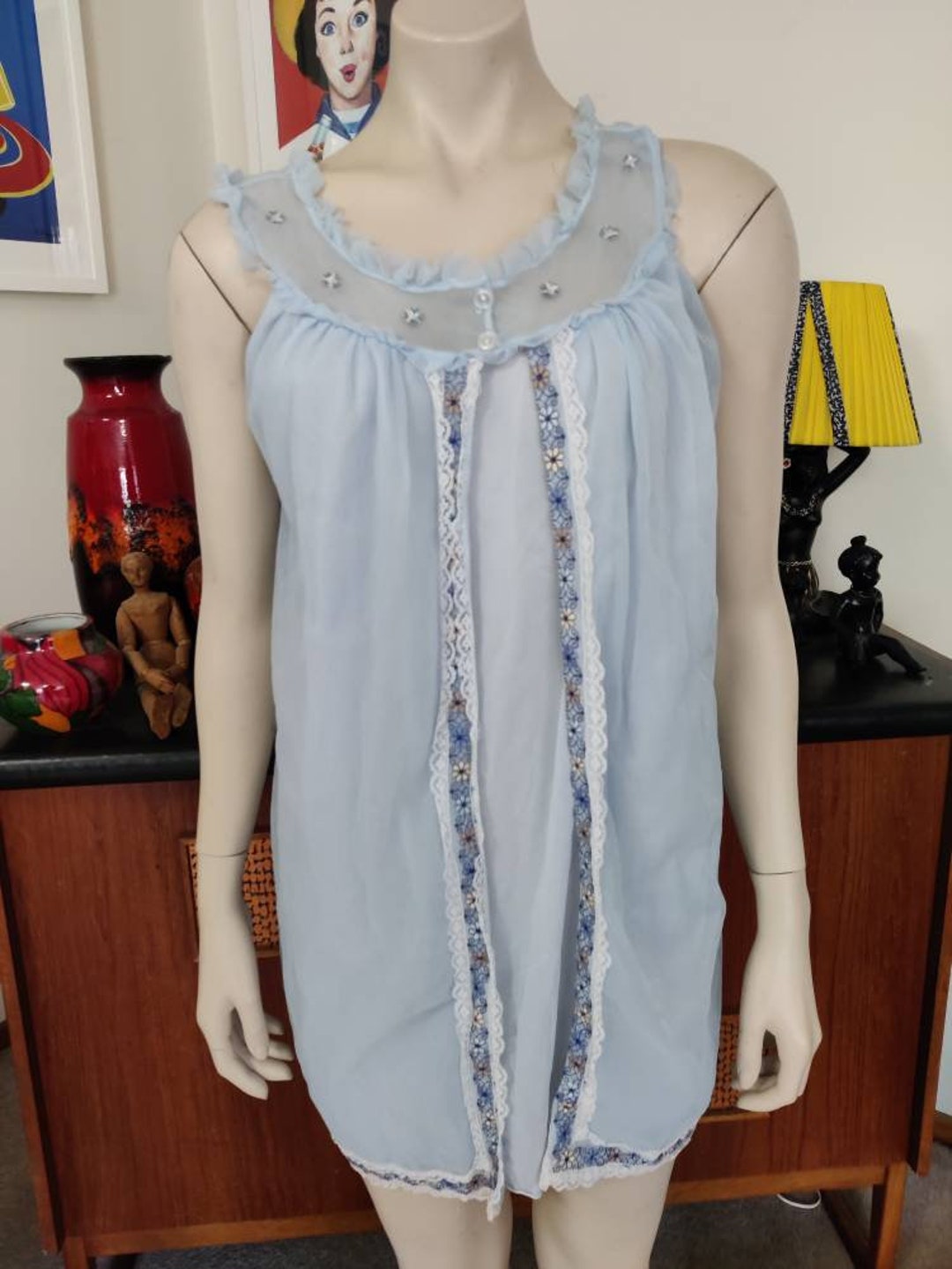 Pale Blue 60s Baby Doll Nightie Two Layer Nylon Medium Size Bust 112cm ...