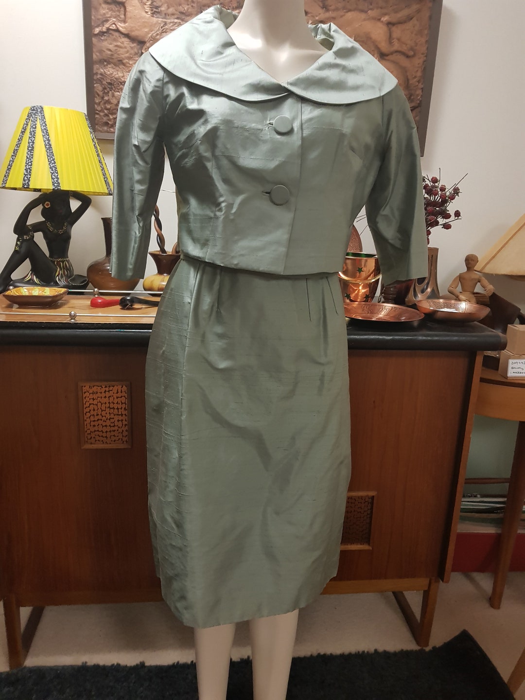 Pale Sage Green Silk Dress Belt Jacket Dressy Wedding Races Special ...