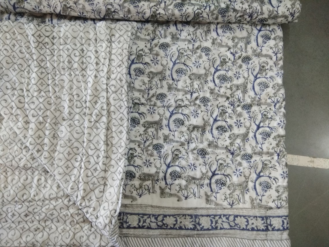 New Indian Block Printed Jaipuri Quilt Blanket Kantha Bed | Etsy