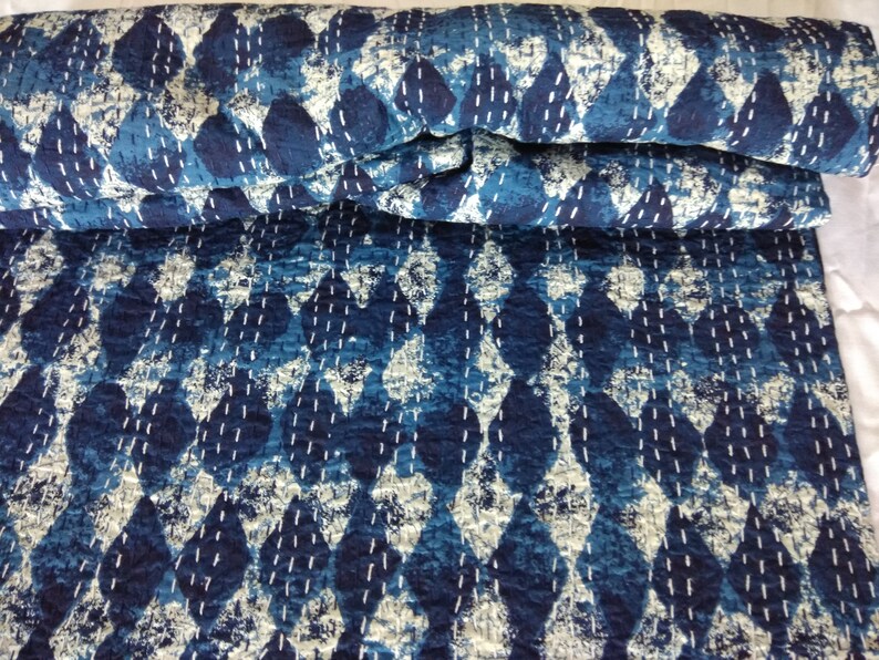 Indigo Blue Bed Cover Handmade Bedspread Blanket Kantha | Etsy