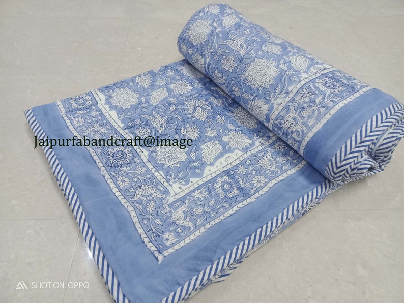 Blue Floral Print Cotton Dohar: Reversible Hand Block Print AC Blanket ...