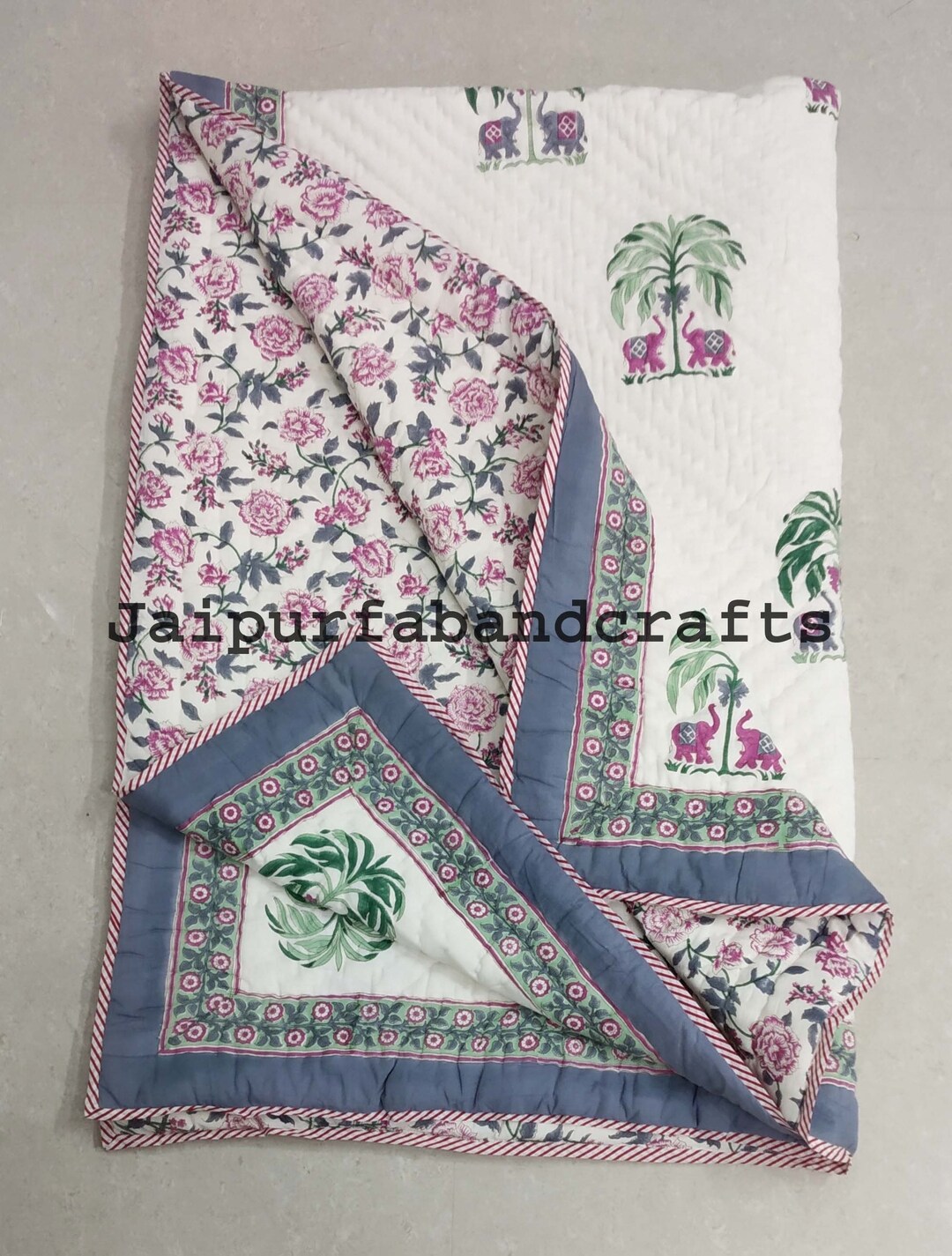 Hand Block Print Kantha Quilt: Palm Tree Floral Throw - Etsy