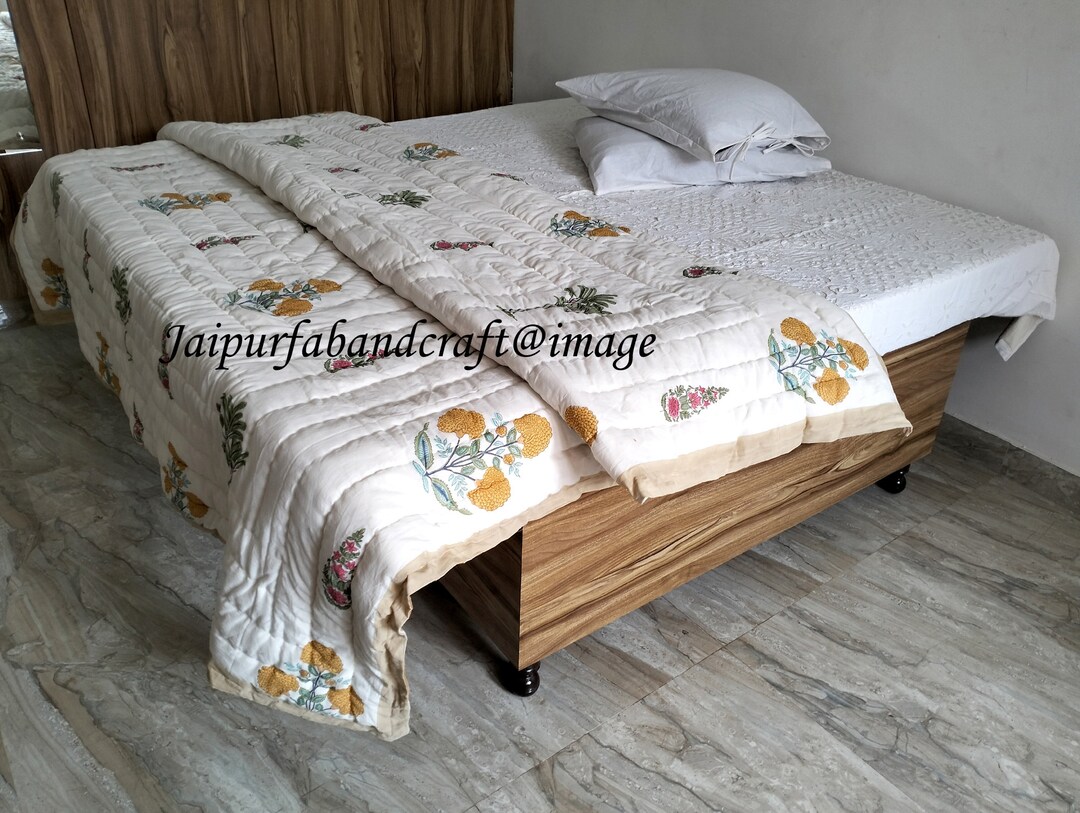 Block Printed Quilted Throw Blanket 100% Cotton Quilt, Cover for Couch ...