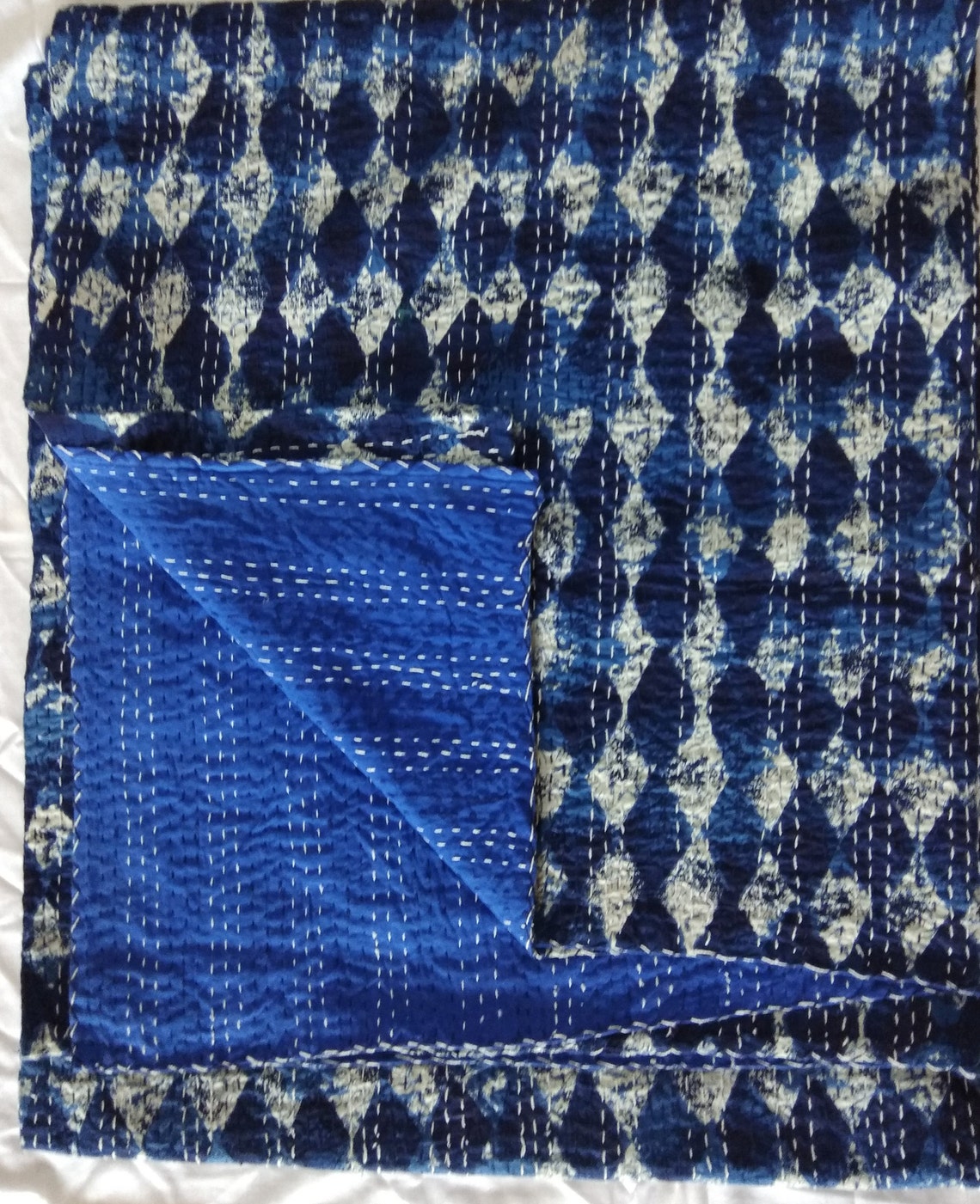 Indigo Blue Bed Cover Handmade Bedspread Blanket Kantha - Etsy