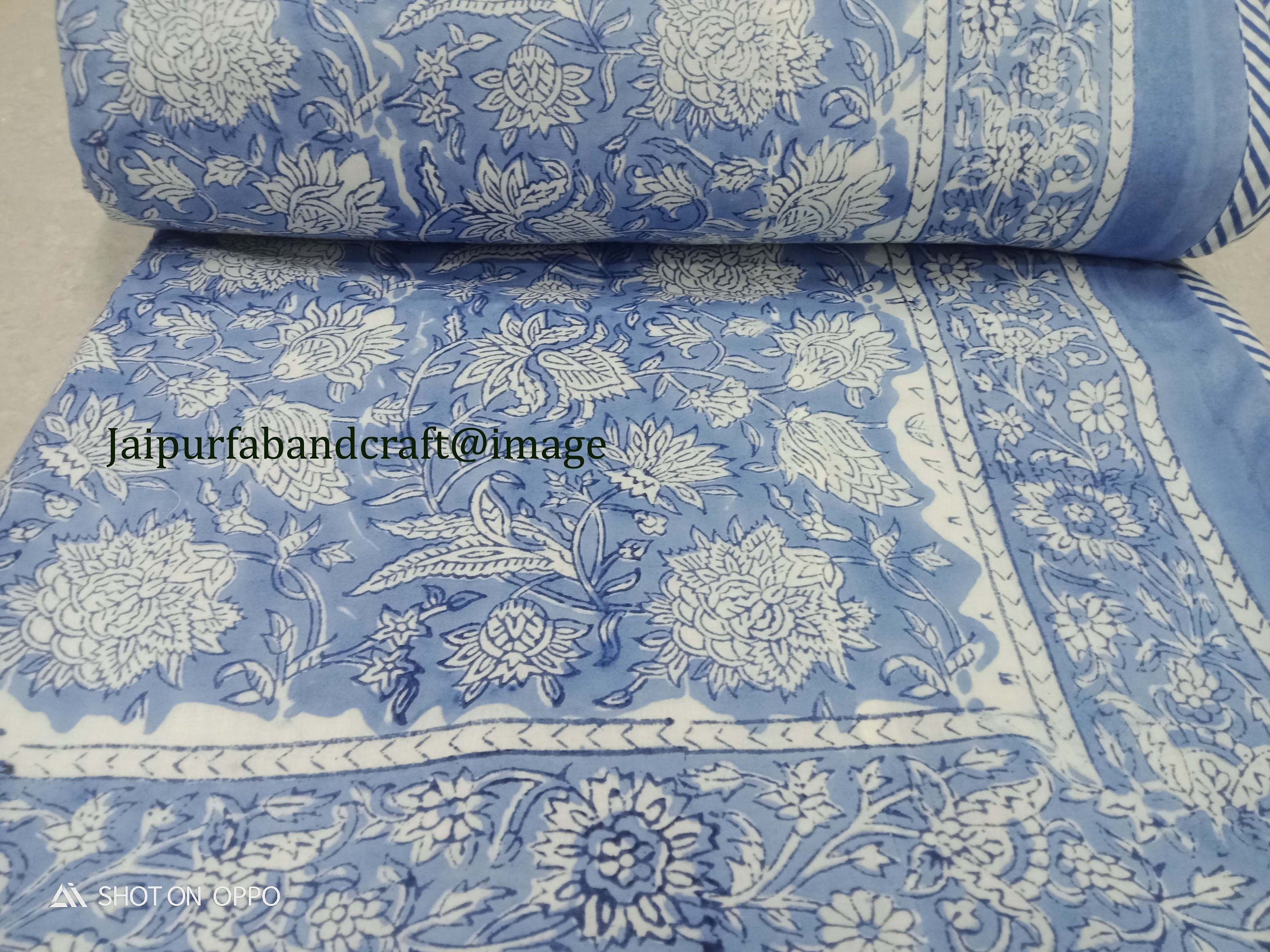 Blue Floral Print Cotton Dohar: Reversible Hand Block Print AC Blanket ...