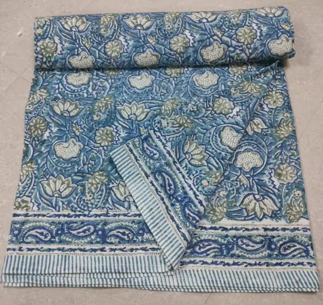 Floral Block Print Cotton Bedspread: King Size Blanket - Etsy