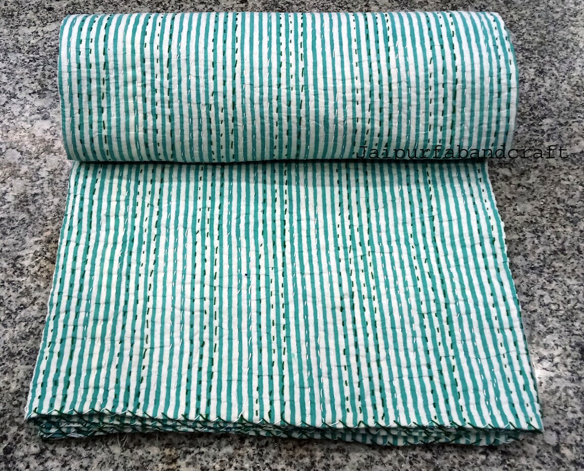 New Handmade Block Print Kantha Bed Cover Strep Print Bed | Etsy