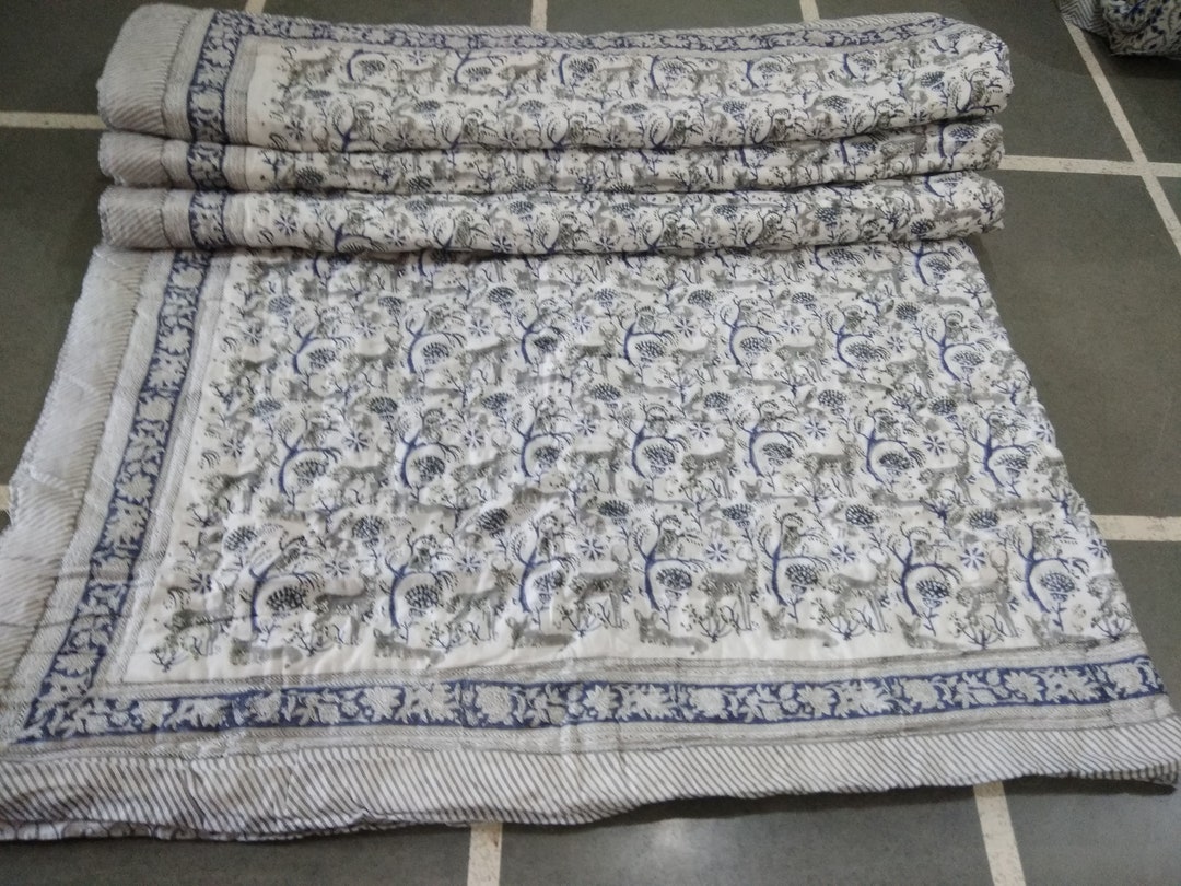 New Indian Block Printed Jaipuri Quilt, Blanket, Kantha Bed Cover ...