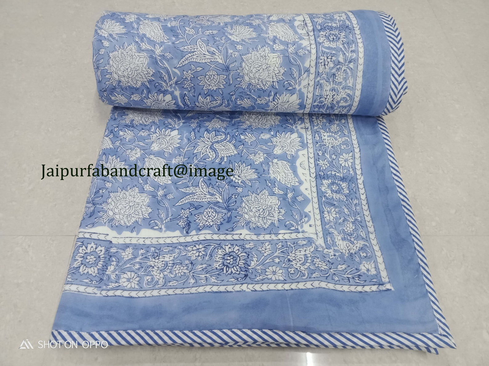 Blue Floral Print Cotton Dohar: Reversible Hand Block Print AC Blanket ...