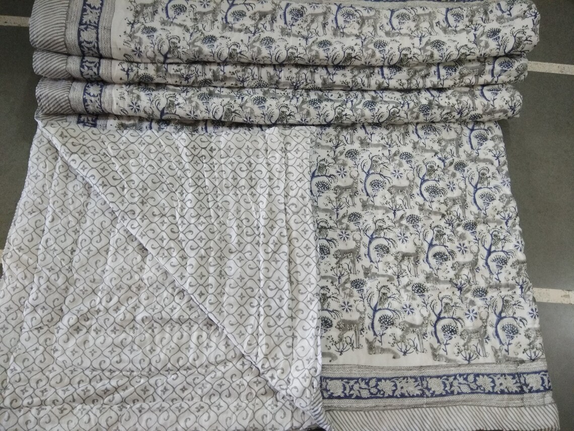 New Indian Block Printed Jaipuri Quilt Blanket Kantha Bed | Etsy