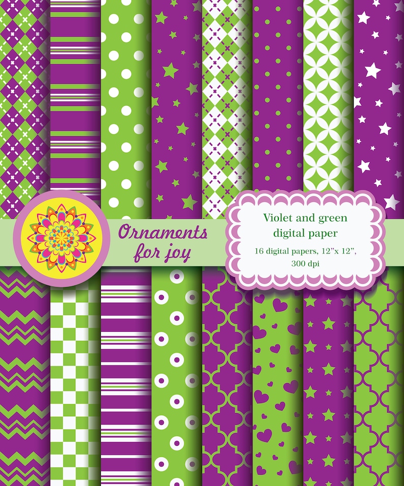 Purple, Violet and Lime Green Digital Scrapbook Paper, Stars, Checker ...