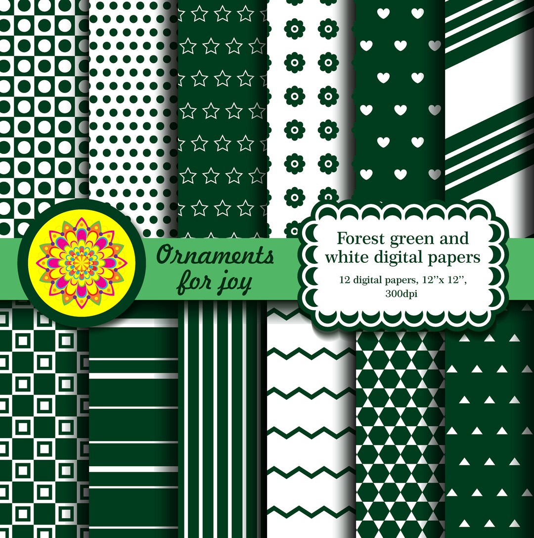 Forest Green and White Digital Paper, Dark Green and White Digital ...