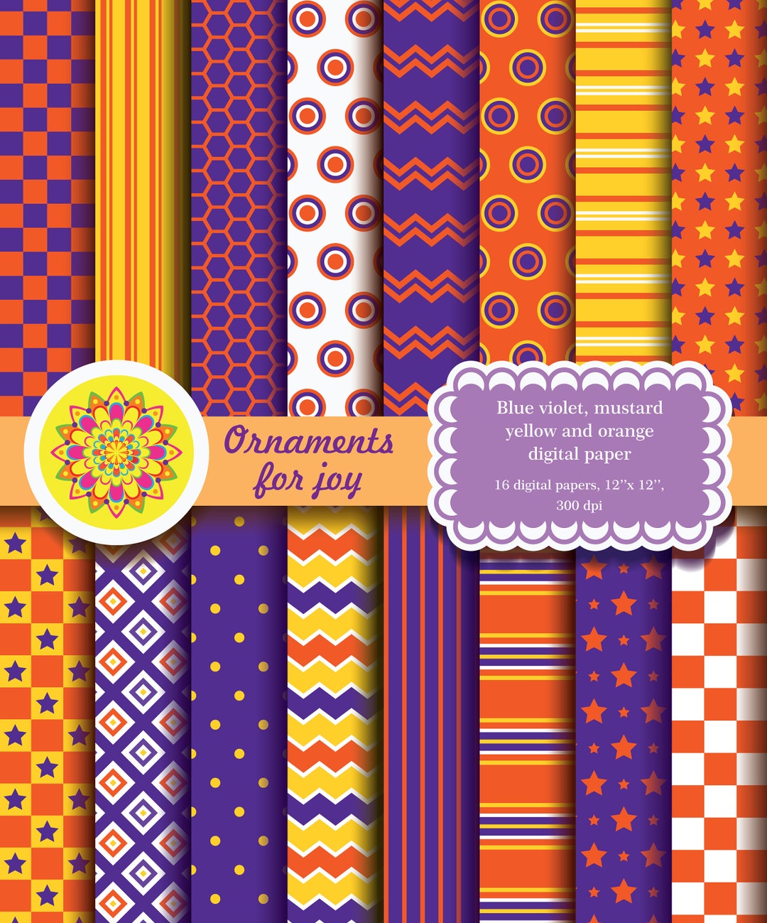 Blue Violet, Mustard Yellow, Orange, Digital Scrapbook Papers, Polka ...