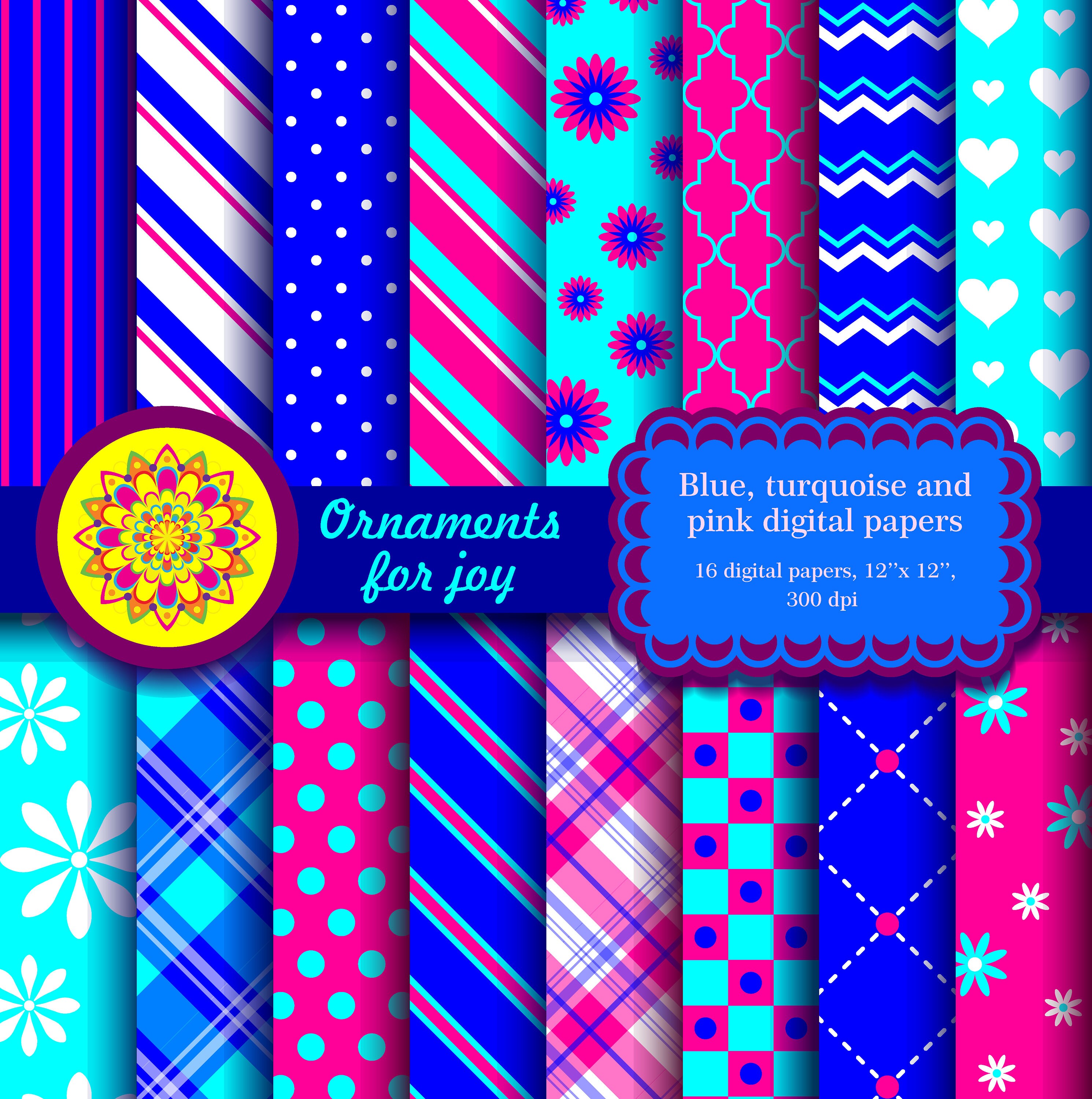 Neon, Bright Color Digital Papers, Blue, Turquoise and Hot Pink ...