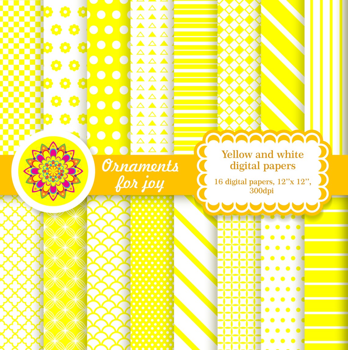Pastel Digital Papers, Yellow and White Digital Papers, Stripes, Polka ...