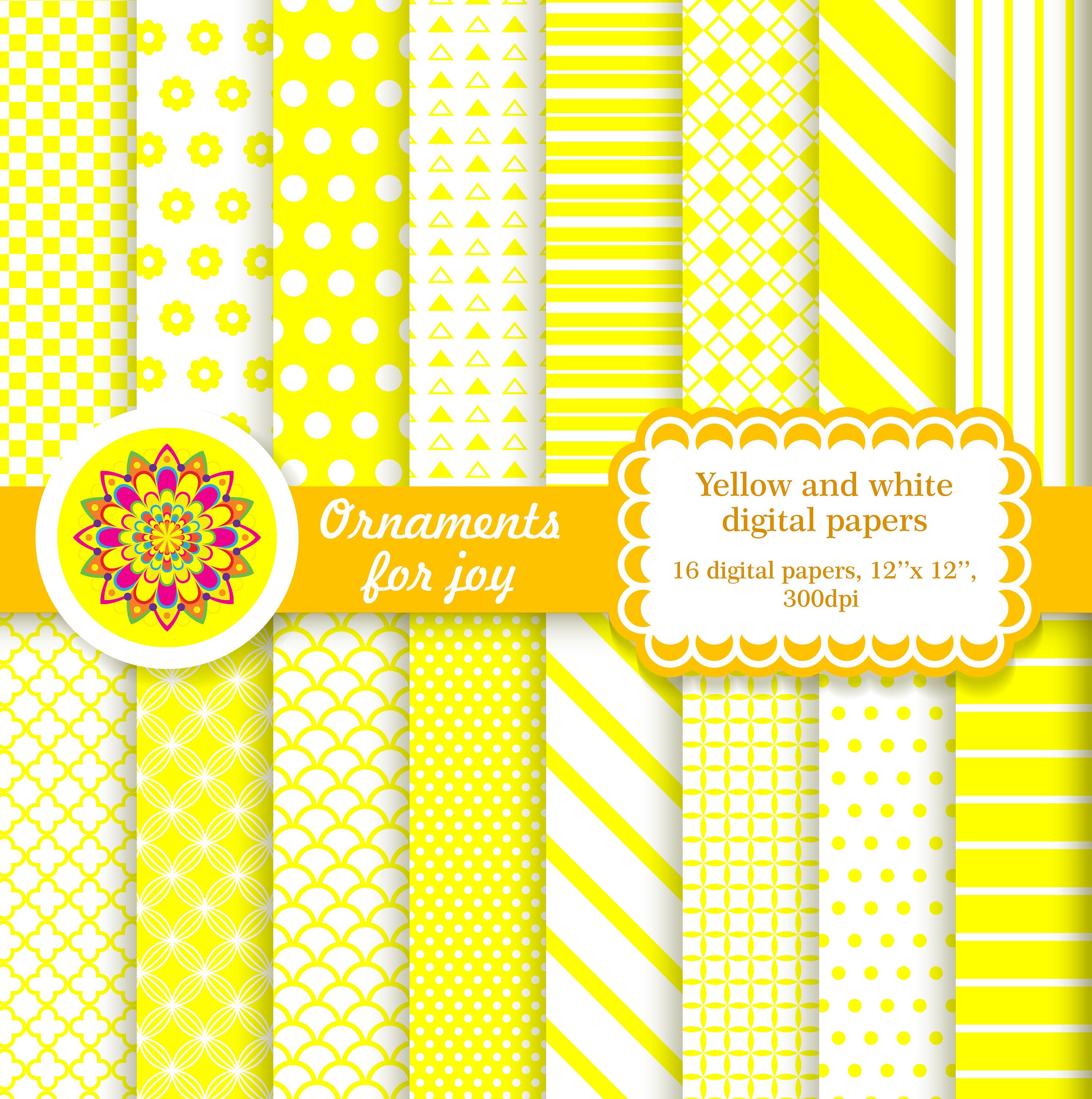 Pastel Digital Papers, Yellow and White Digital Papers, Stripes, Polka ...