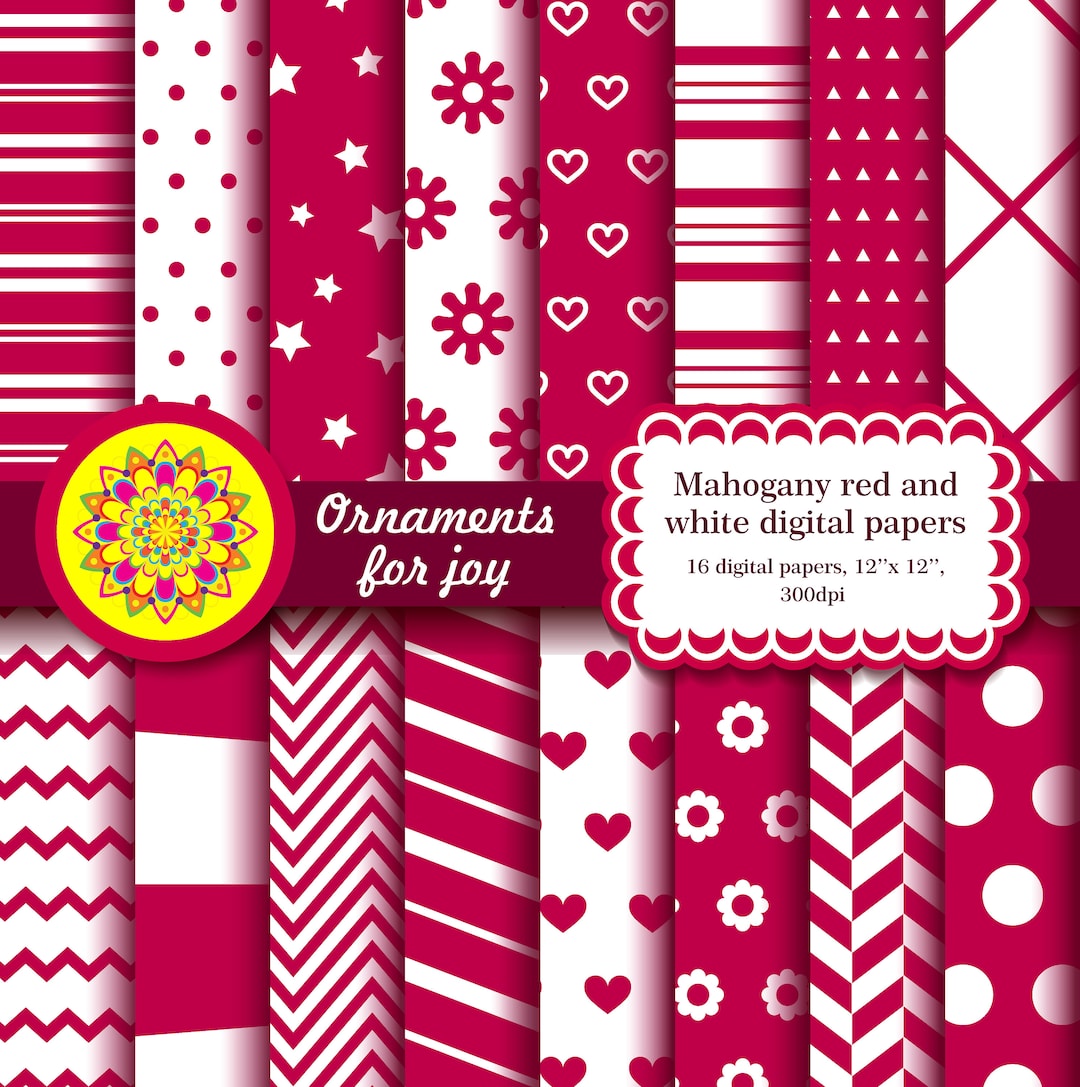Bright Mahogany Red and White Digital Papers, Argyle, Lines in Diagonal ...