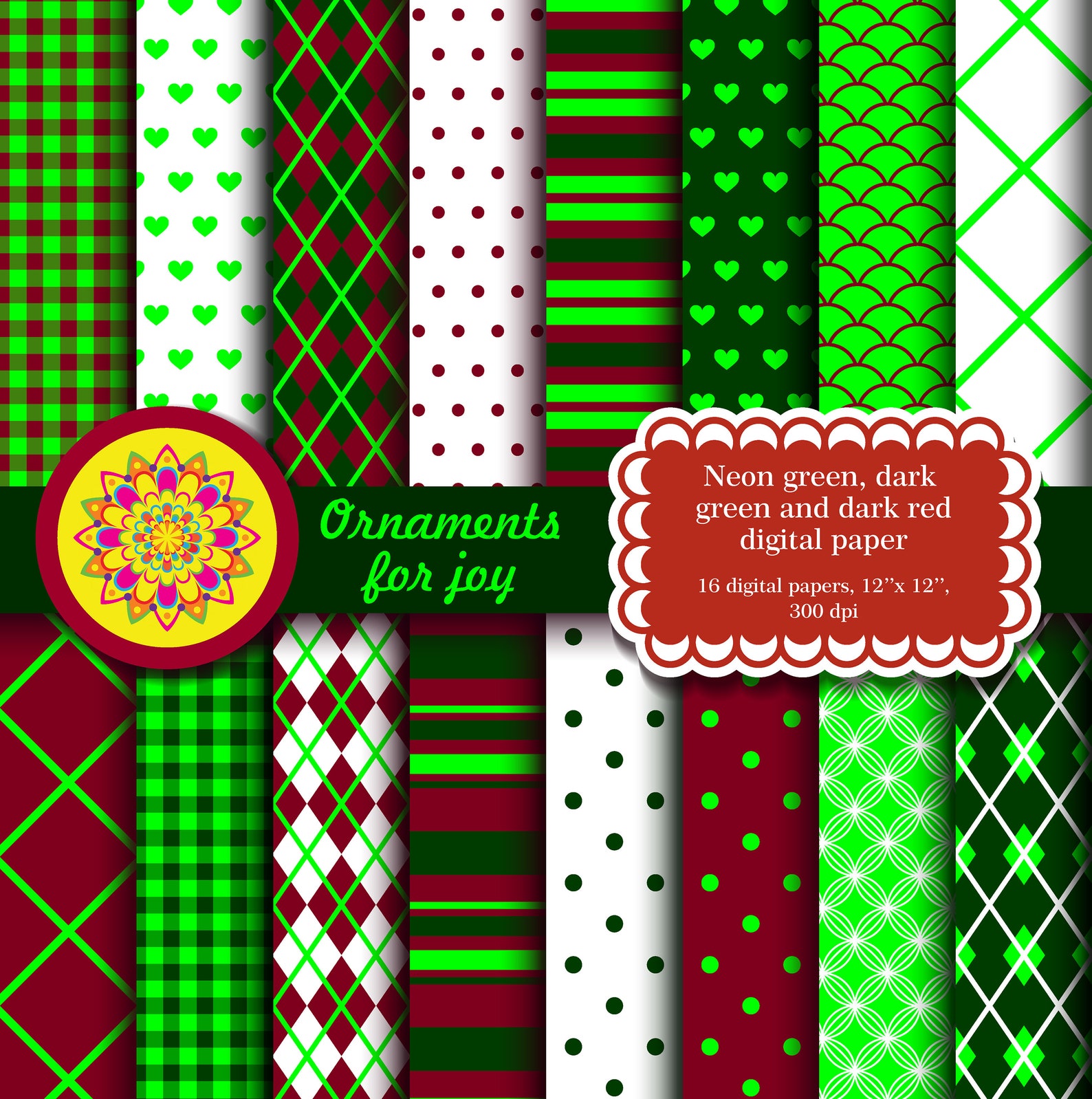 Colorful,neon Digital Papers,dark Green,neon Green and Dark Red Digital ...