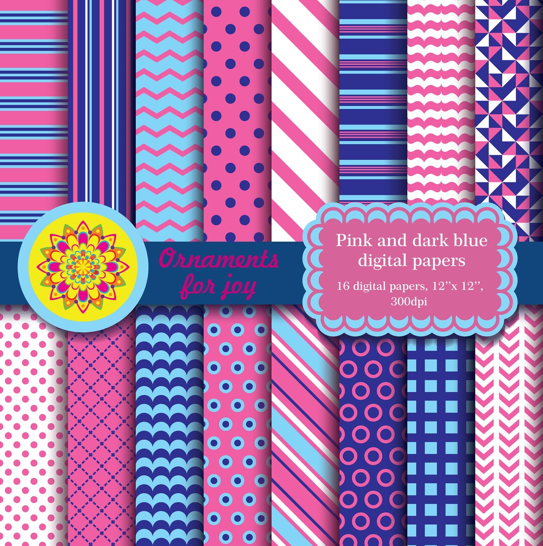 Bright, Colorful Digital Papers, Navy Blue, Blue and Pink Digital ...