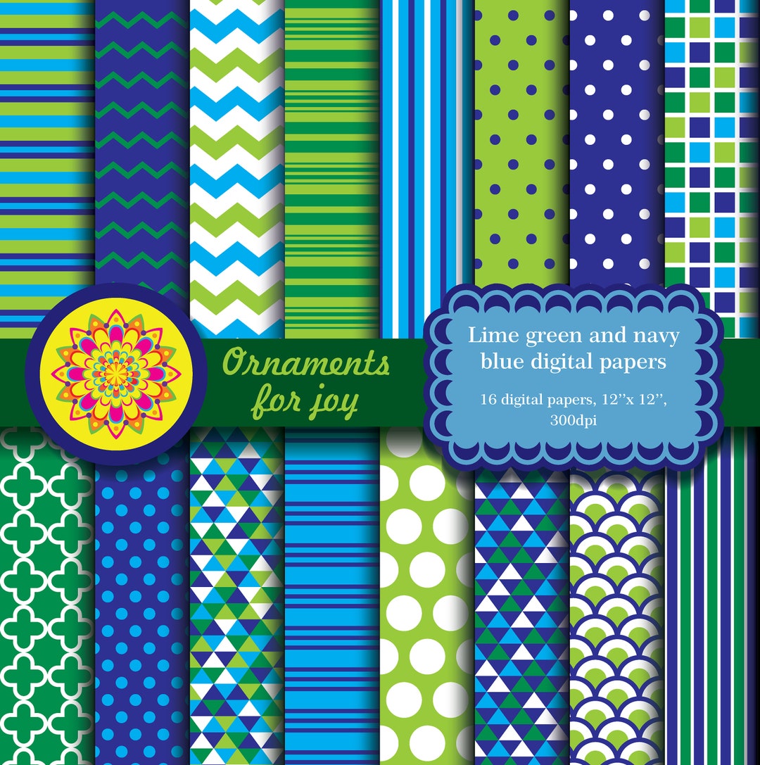 Colorful, Bright, Navy Blue and Lime Green Digital Papers, Triangles ...