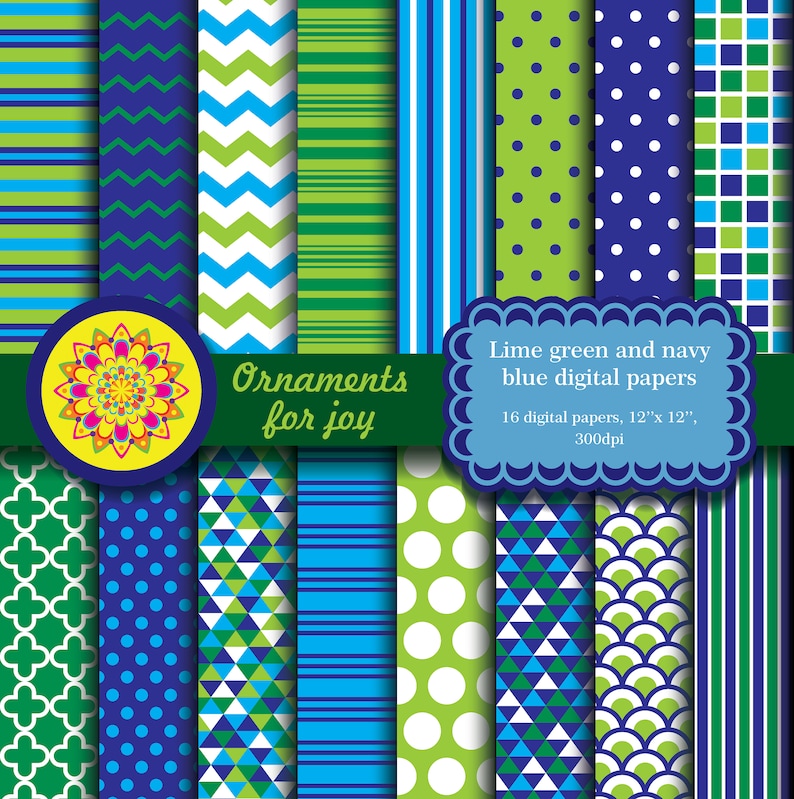Colorful, Bright, Navy Blue and Lime Green Digital Papers, Triangles ...