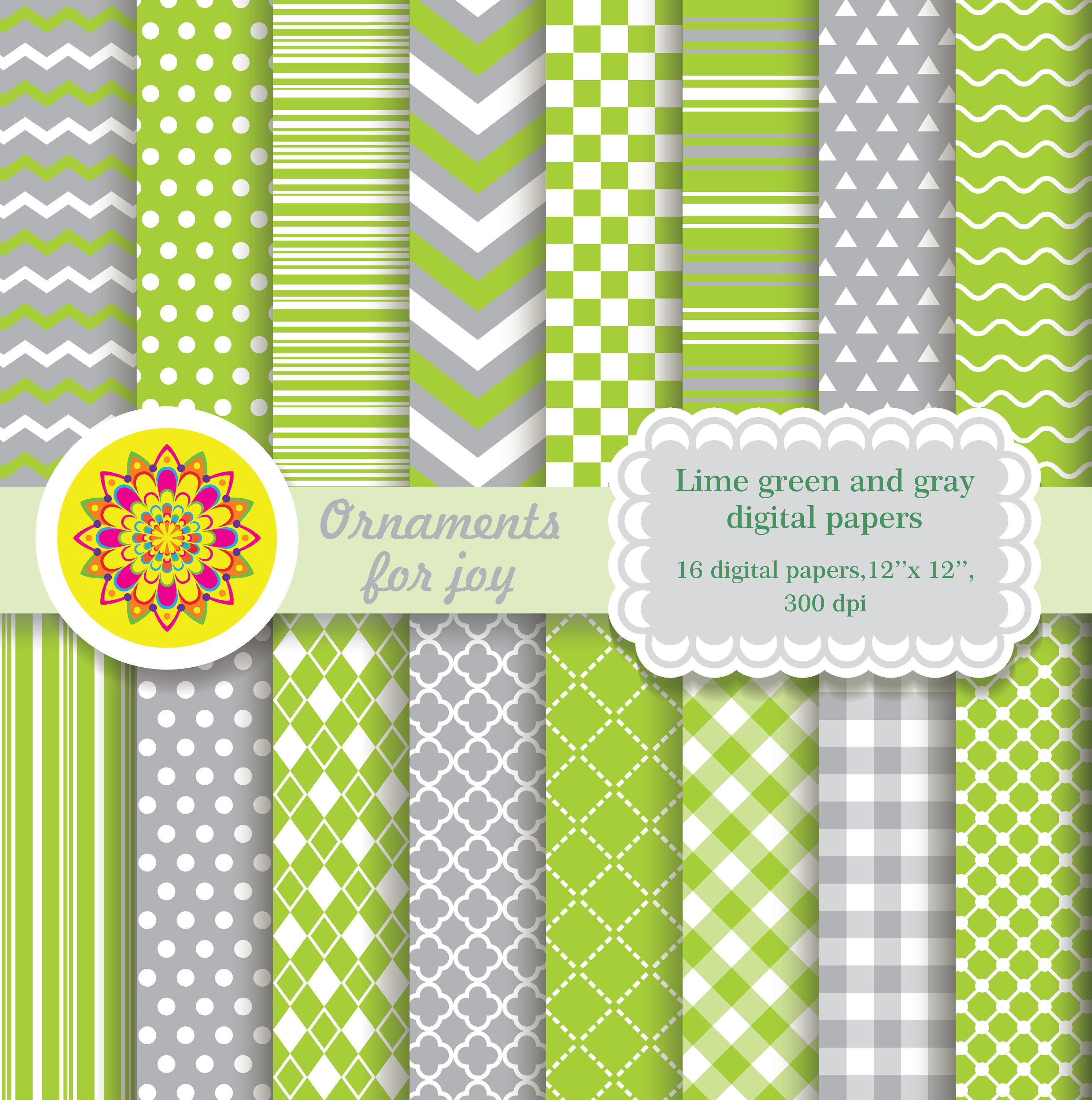 Bright Digital Papers, Colorful Digital Papers, Lime Green and Gray ...