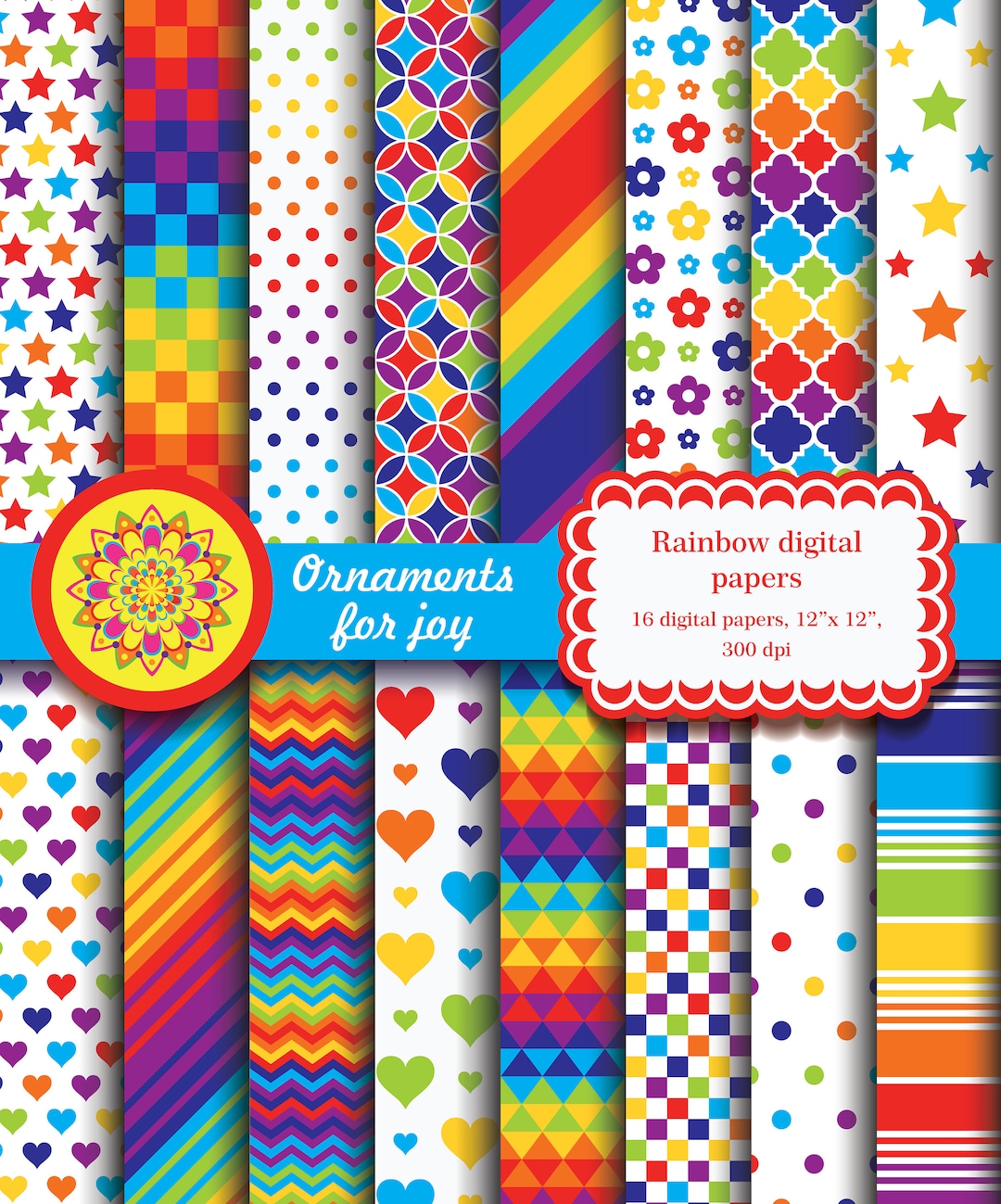 Colorful, Bright Color,rainbow Digital Papers,stars,quatrefoil,checker ...