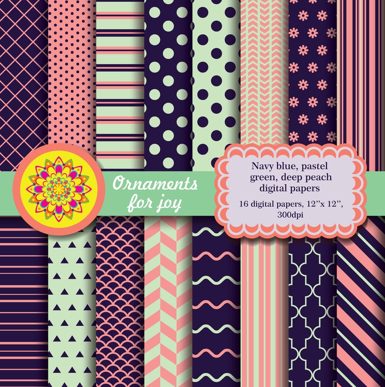 Colorful, Navy Blue, Pastel Green, Salmon Pink digital Papers, Lines in ...