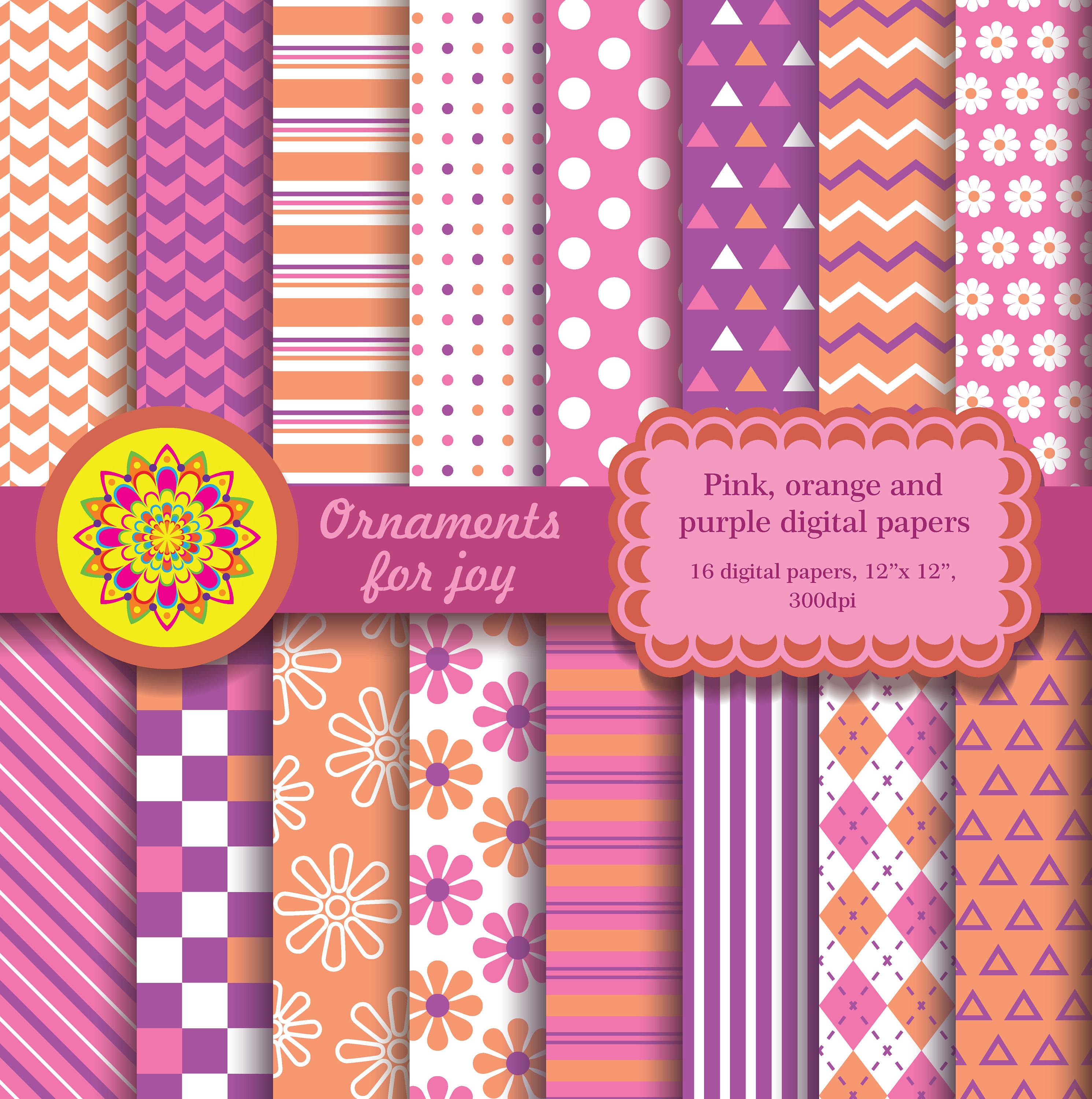 Pink Orange and Purple Scrapbook Paper, Pink Orange and Purple Digital ...