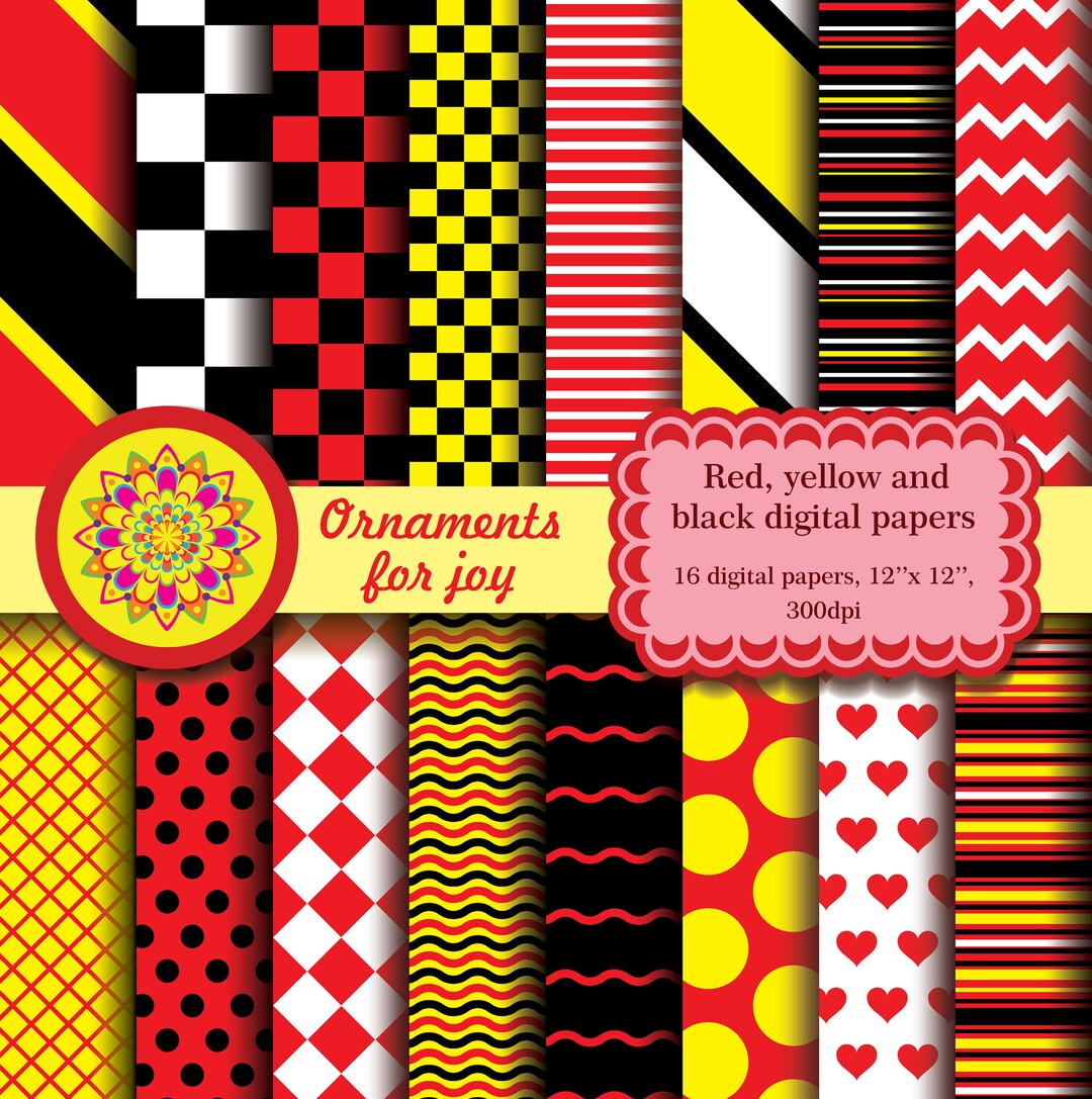 Bright, Colorful Digital Papers, Black, Red and Yellow Digital Papers ...