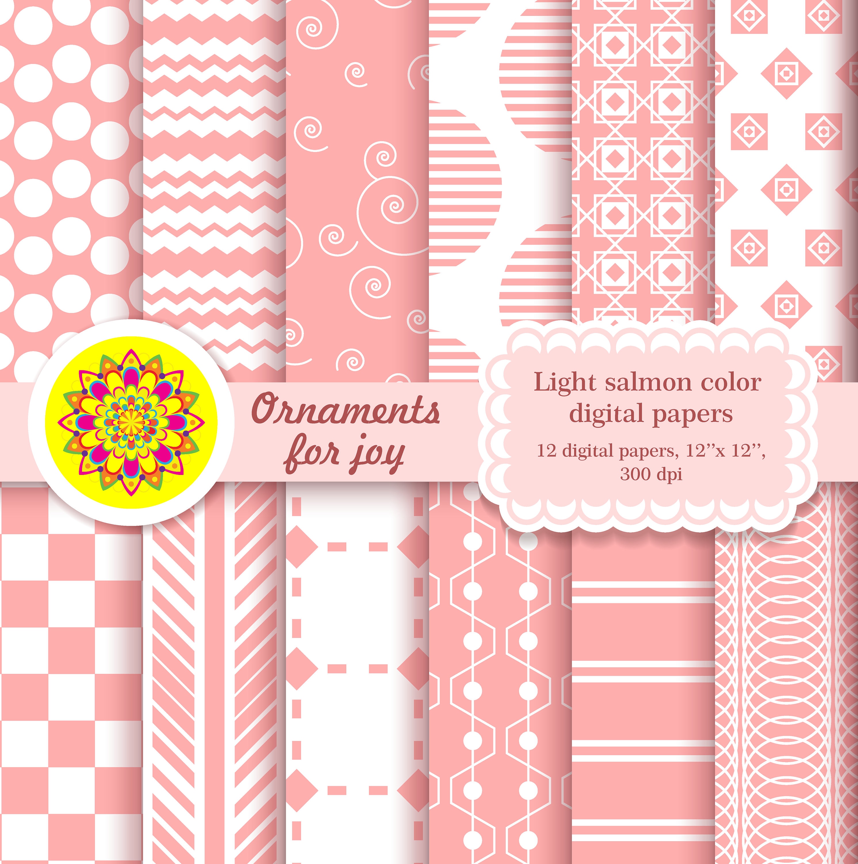 Salmon Color Digital Papers, Deep Peach Color Digital Papers, Abstract ...
