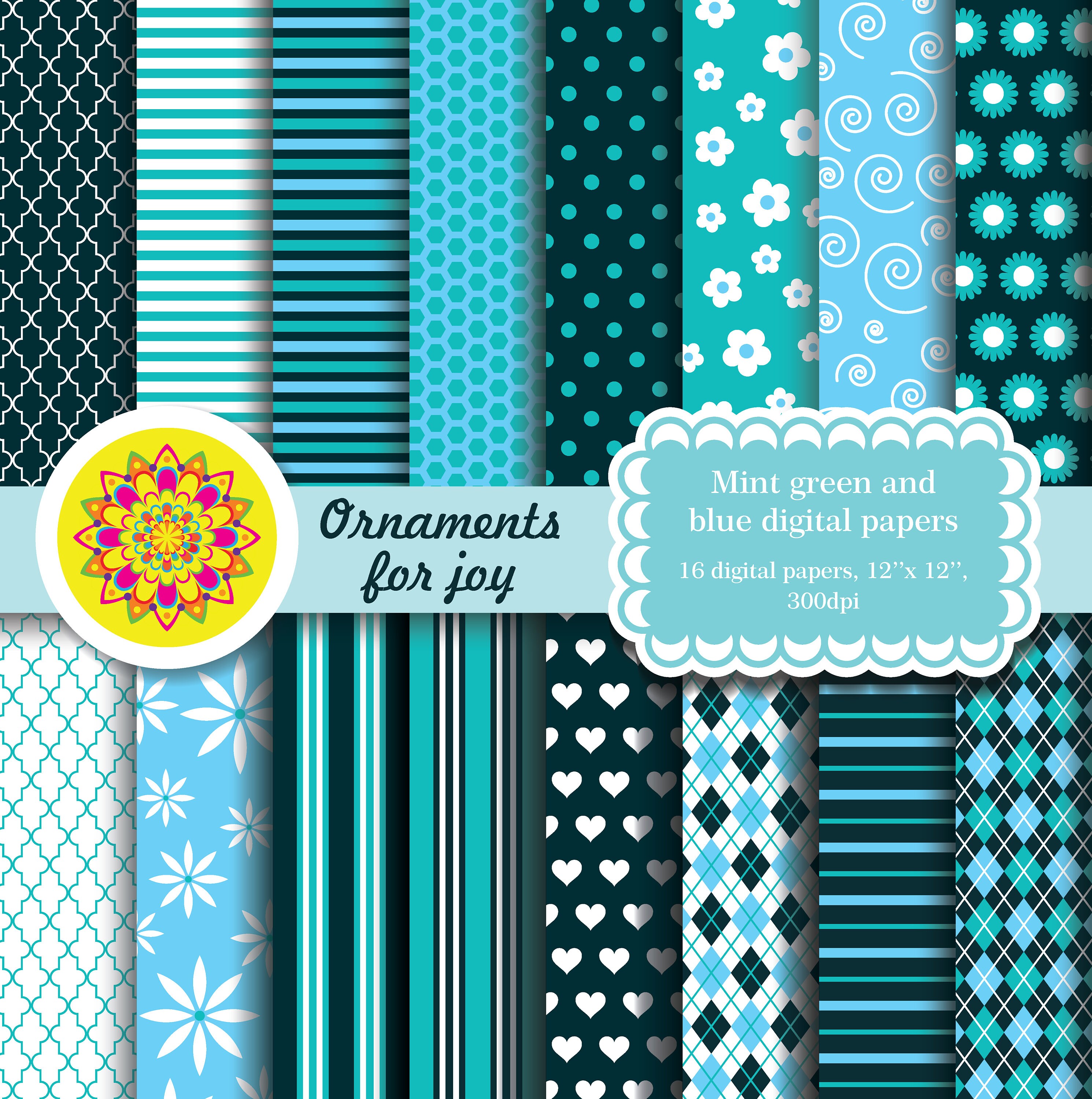 Mint Digital Papers,teal Blue,turquoise Digital Papers,blue Patterns ...