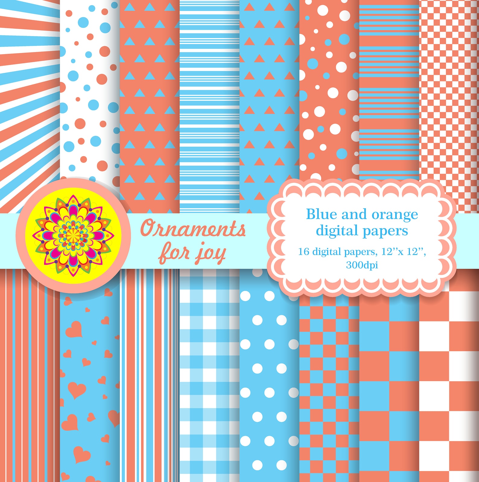 Blue, Orange and White Digital Papers, Scattered Dots, Stripes, Checker ...