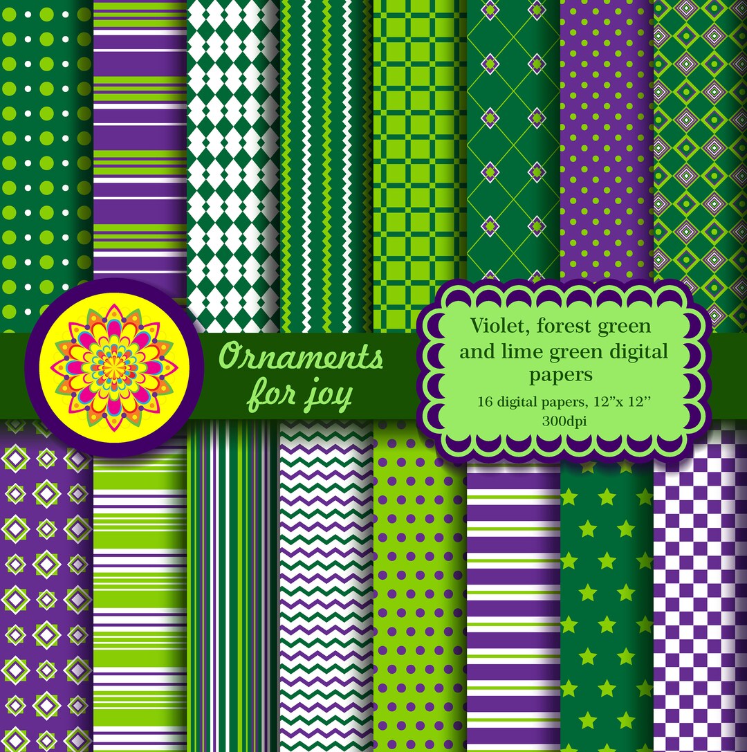 Violet, Forest Green and Lime Green Digital Papers, Polka Dots, Dots ...