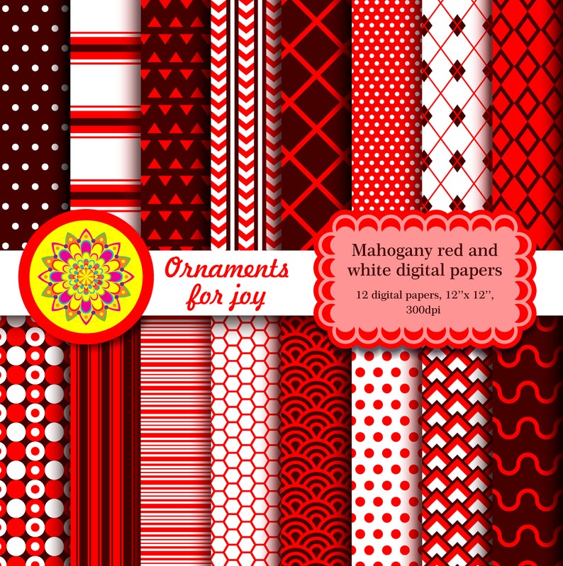 Bright, Mahogany Red and White Digital Papers,argyle,diagonal Lines in ...