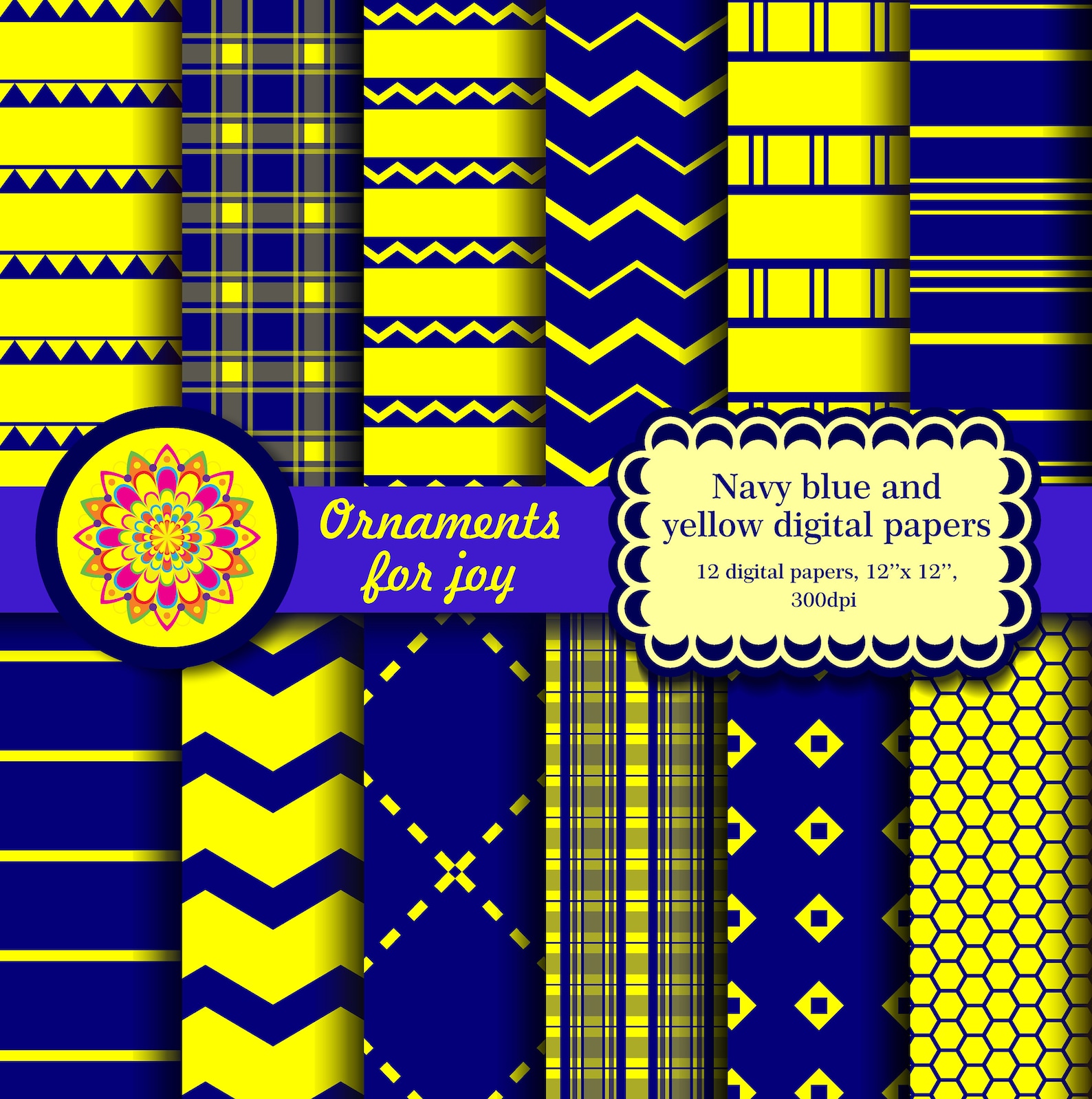 Navy Blue and Yellow Digital Paper, Dashed Lines in Diagonal Grid ...