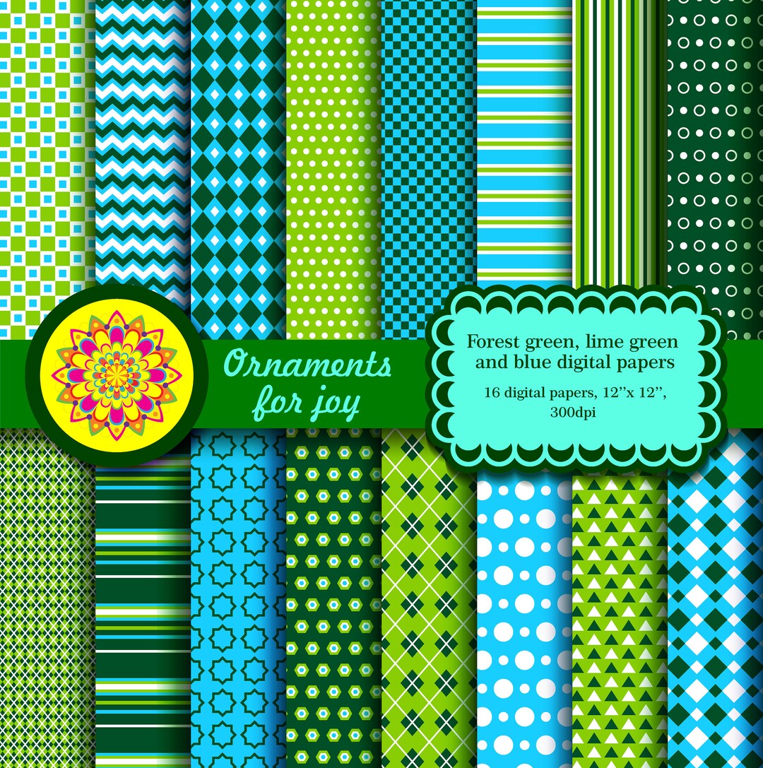 Forest Green, Lime Green and Blue Digital Papers, Argyle, Chevron ...
