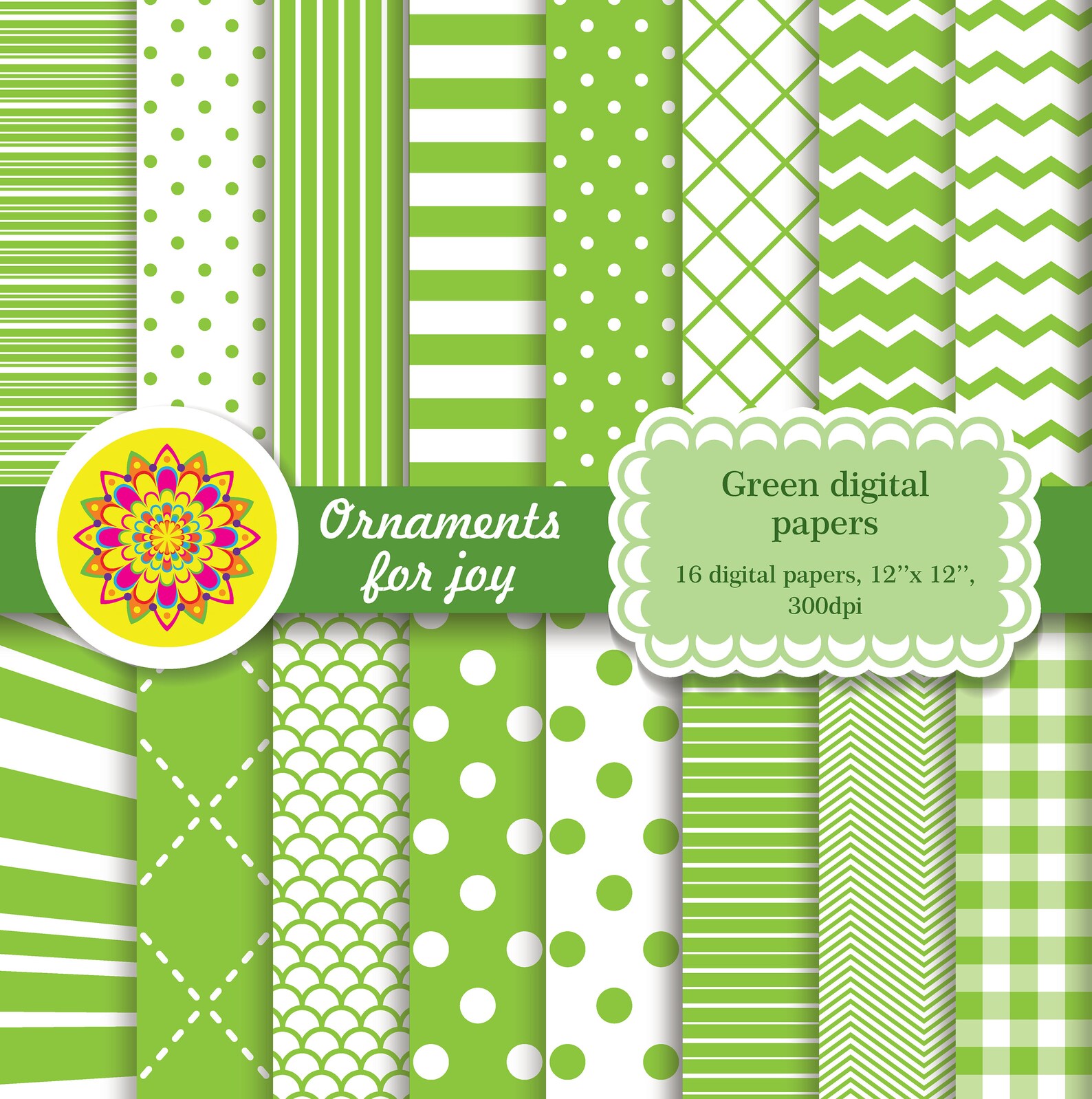 Lime Green Digital Papers, Polka Dots, Stripes,chevron,dotted Lines in ...