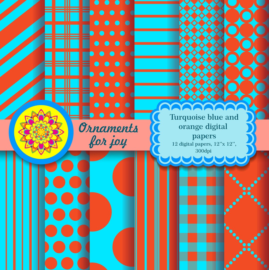 Neon, Colorful, Bright Color Digital Papers, Turquoise Blue and Orange ...