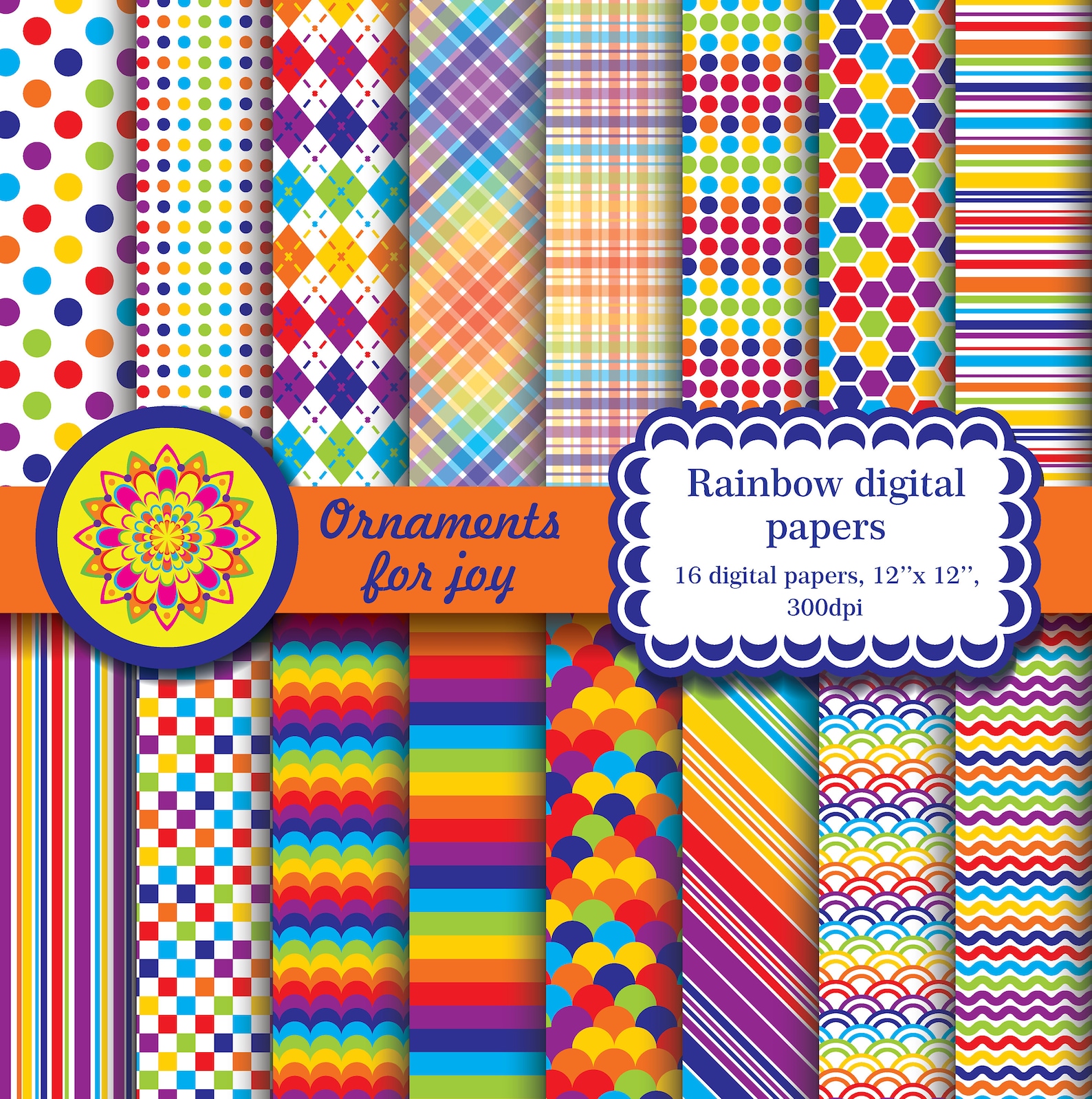 Colorful Digital Papers, Bright Color Digital Papers, Rainbow Digital ...