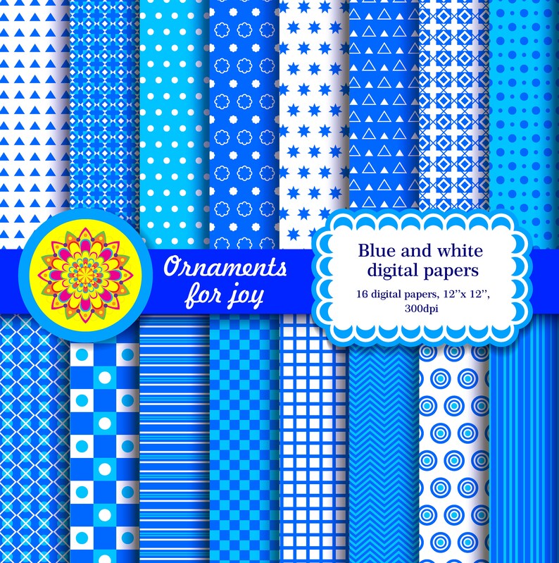 Bright, Blue Digital Paper Pack, Blue and White Digital Papers, Stripes ...