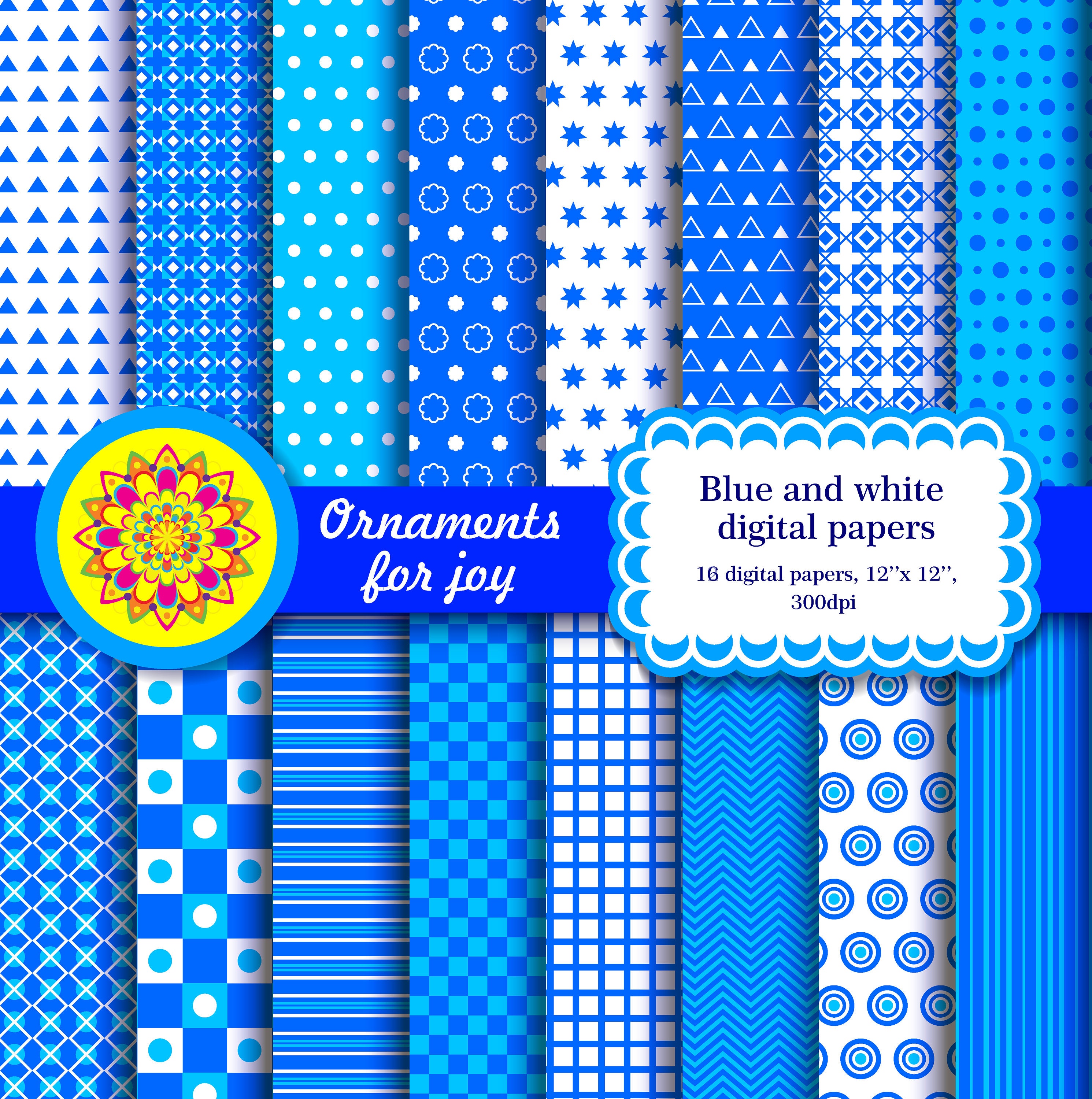 Bright, Blue Digital Paper Pack, Blue and White Digital Papers, Stripes ...