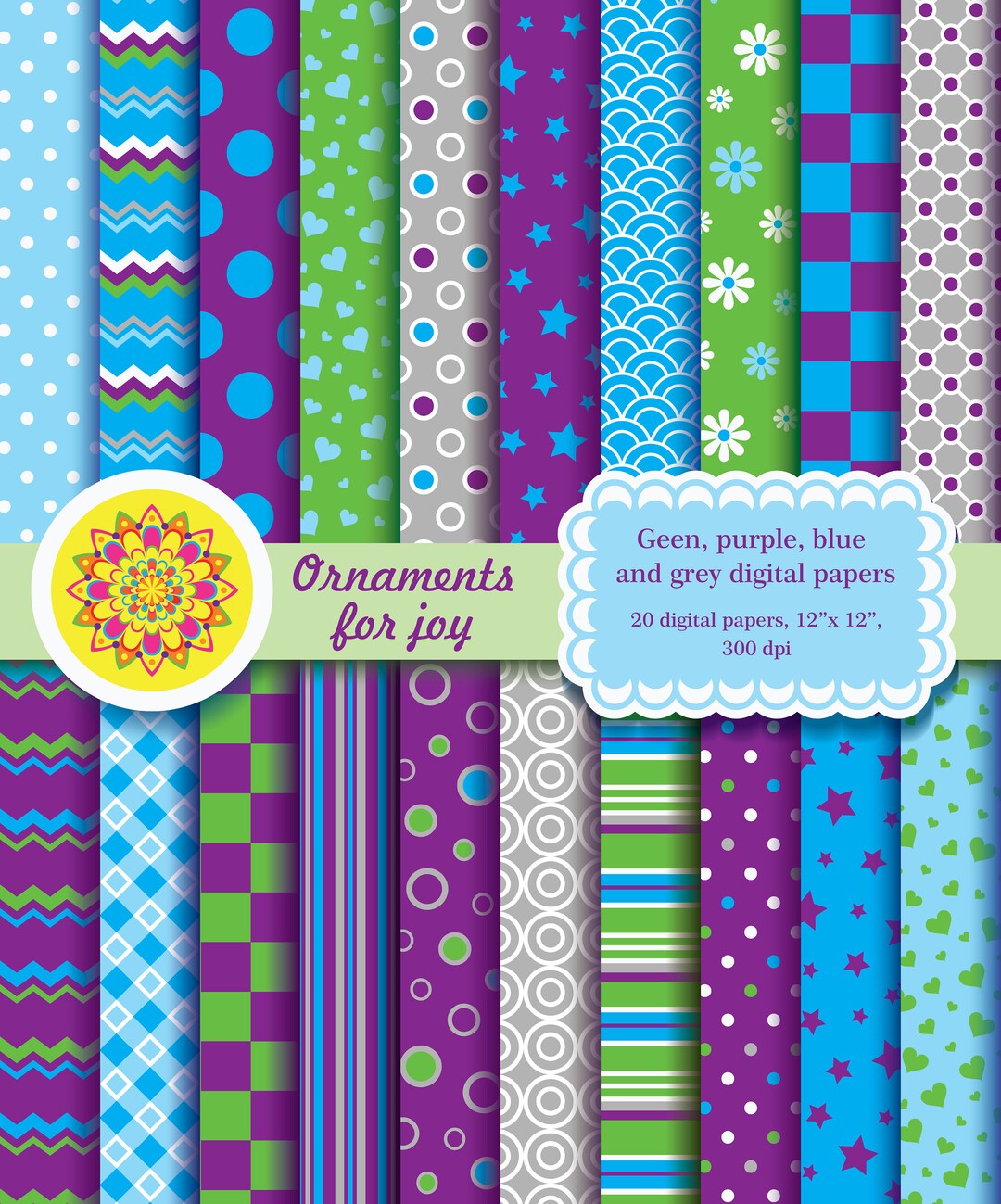 Light,sky Blue,gray,dark Violet,green Digital Scrapbook Papers,polka ...