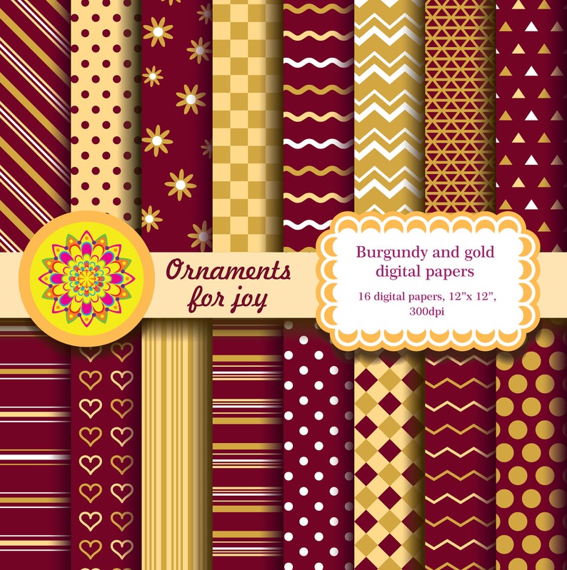 Burgundy Red and Gold Digital Papers, Dark Red and Golden Digital ...