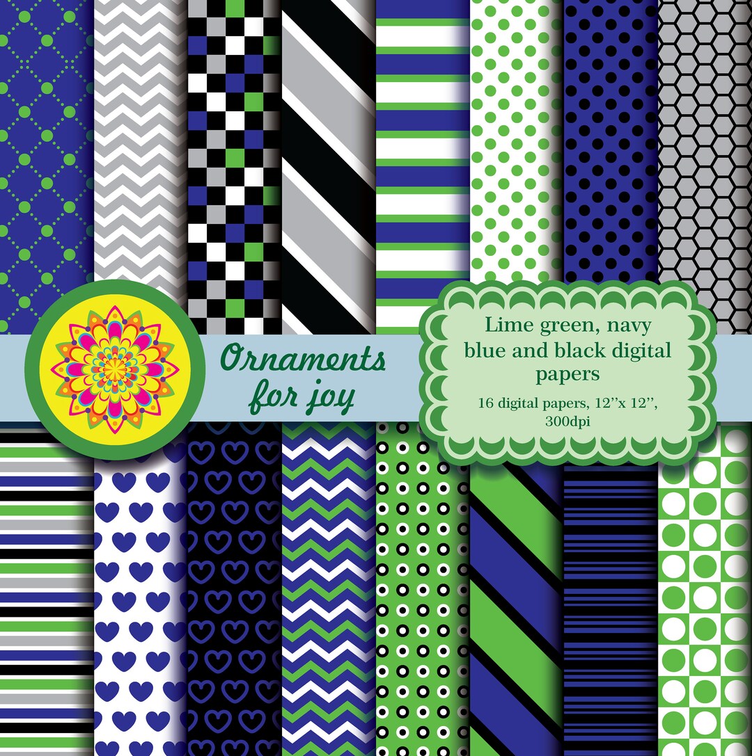 Colorful Digital Papers, Lime Green, Blue and Black Digital Papers ...