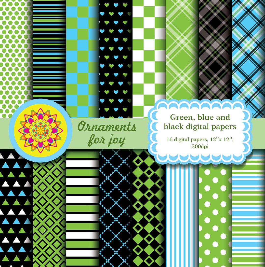 Bright, Colorful Digital Papers, Lime Green, Blue and Black Digital ...