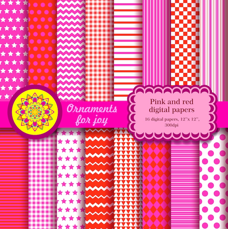 Colorful, Bright Pink and Red Color Digital Papers, Digital Papers ...