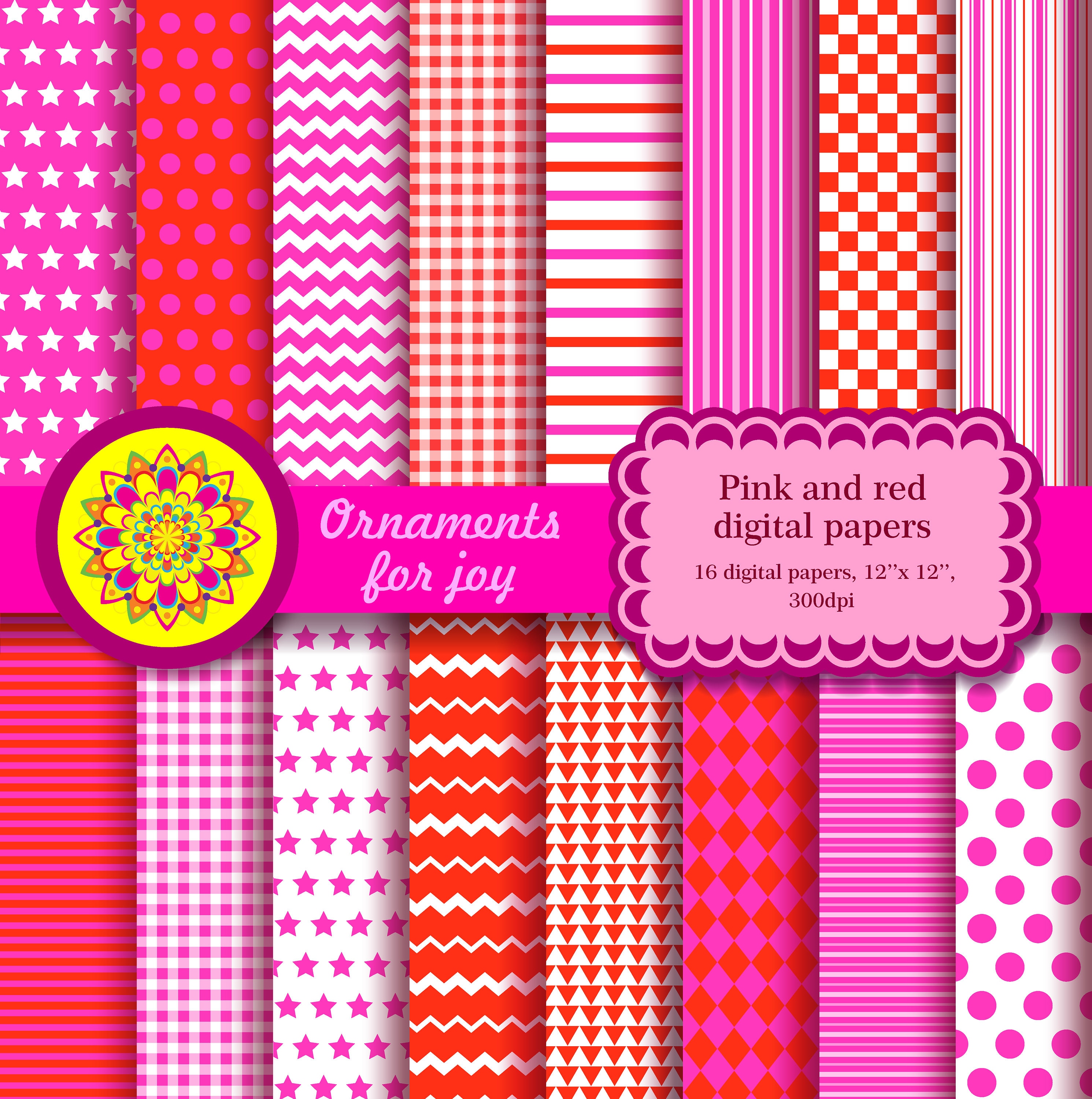 Colorful, Bright Pink and Red Color Digital Papers, Digital Papers ...